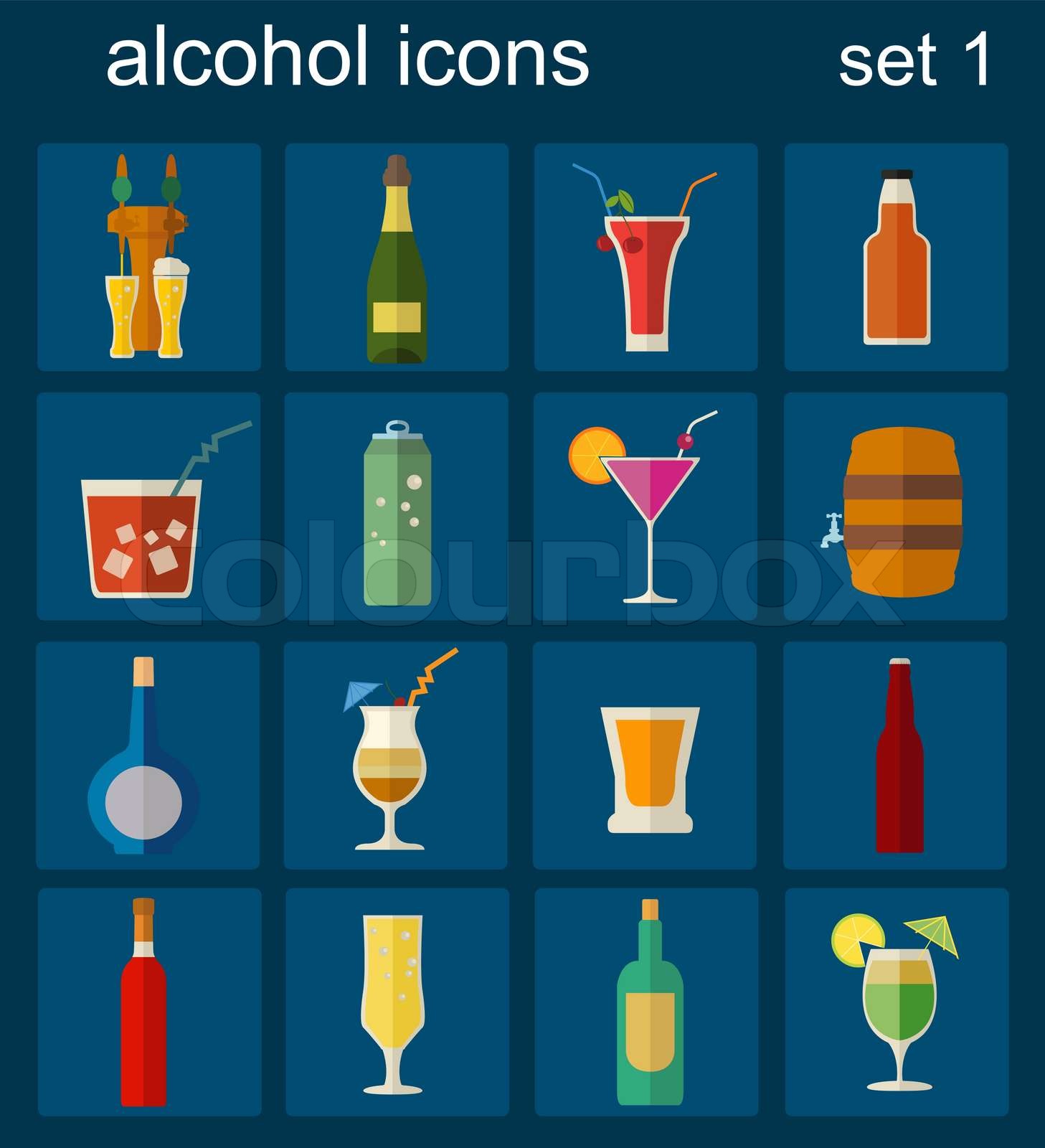 Alcohol drinks icons. 16 flat icons set | Stock vector | Colourbox