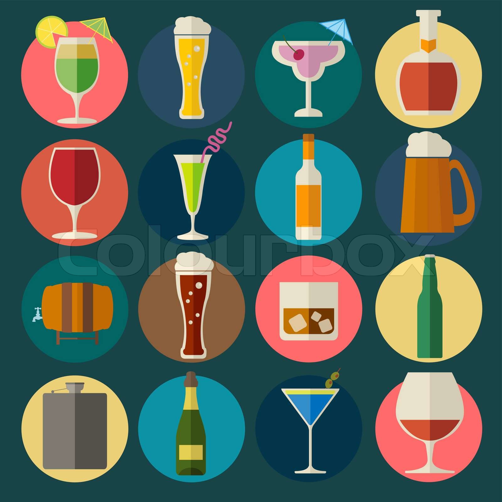 Alcohol drinks icons. 16 flat icons set | Stock vector | Colourbox