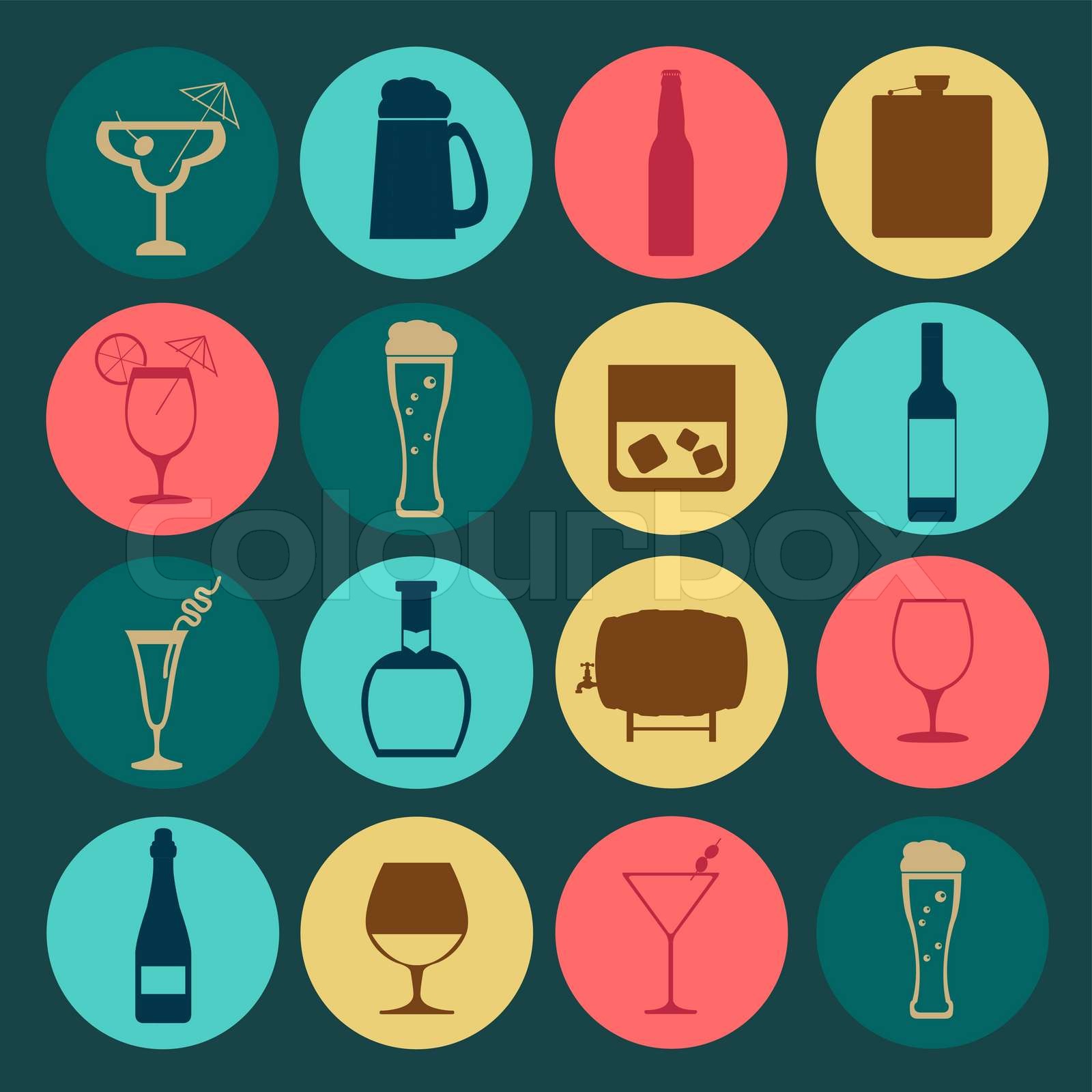 Alcohol drinks icons. 16 flat icons set | Stock vector | Colourbox