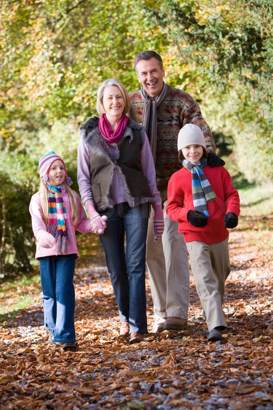 Grandparents and grandchildren on walk through autumn woods | Stock ...