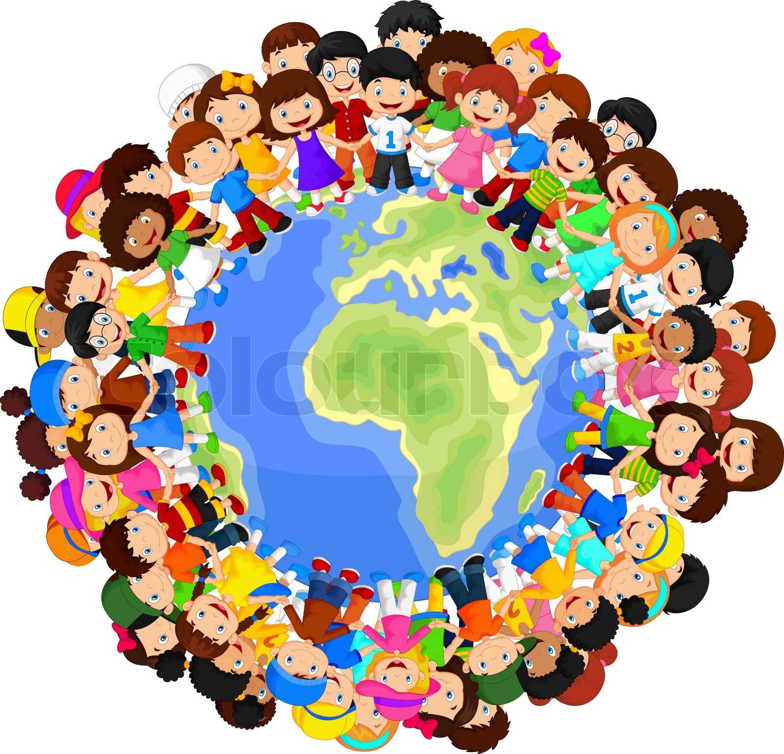 Multicultural children cartoon on planet earth | Stock vector | Colourbox