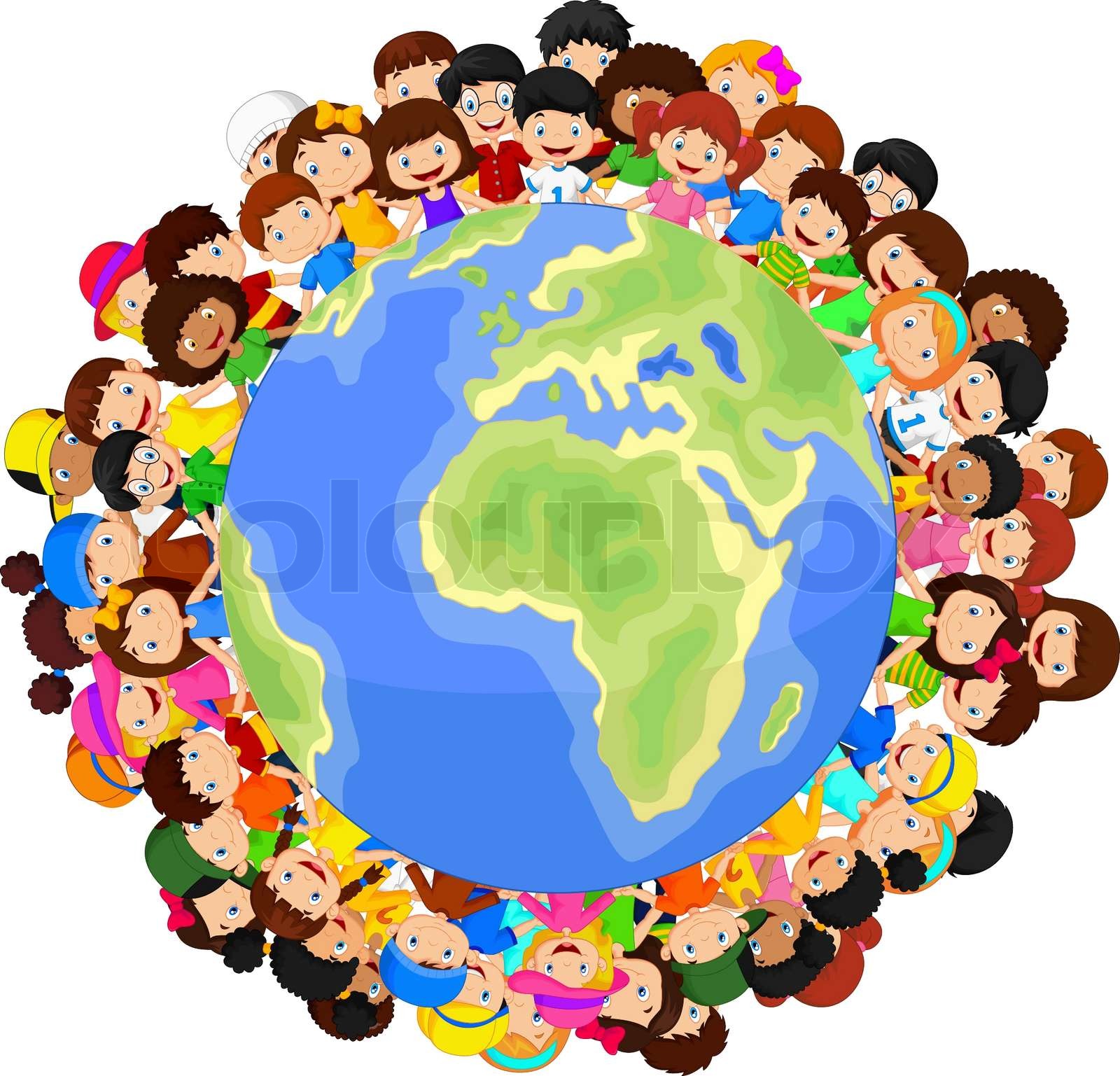 Multicultural children cartoon on planet earth | Stock vector | Colourbox