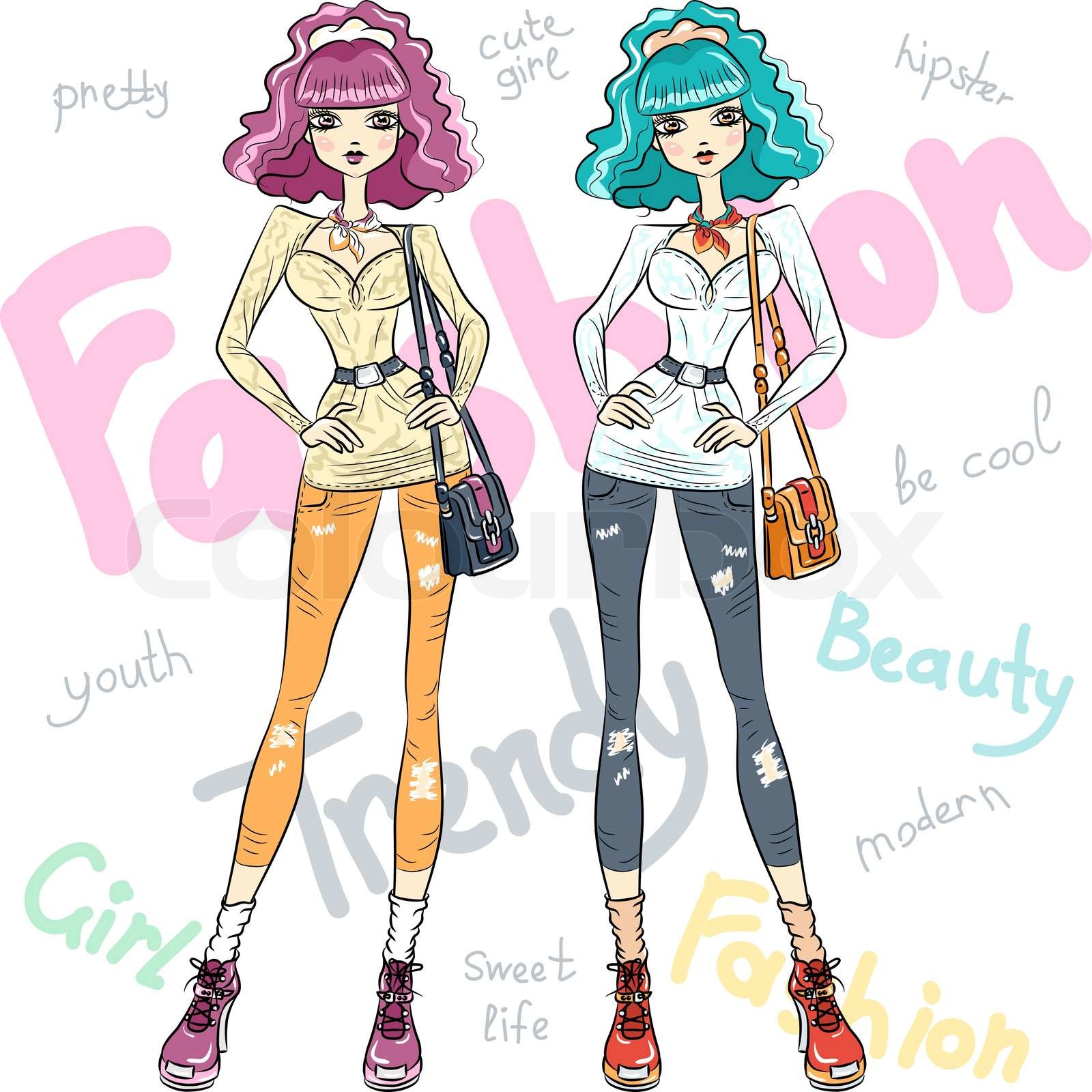 Vector beautiful fashion girls top models | Stock vector | Colourbox