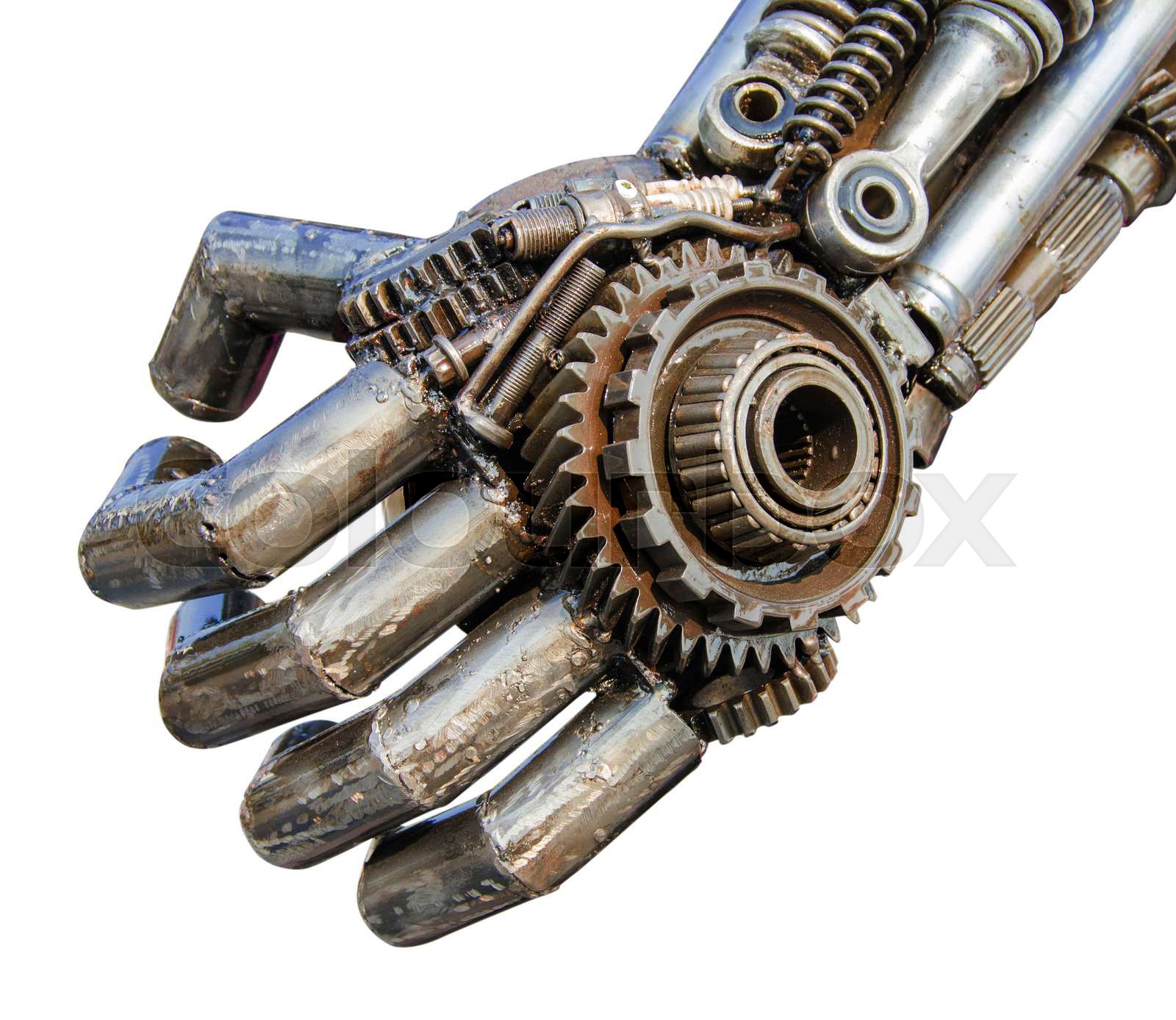 Hand of Metallic cyber or robot made from Mechanical ratchets bolts and ...