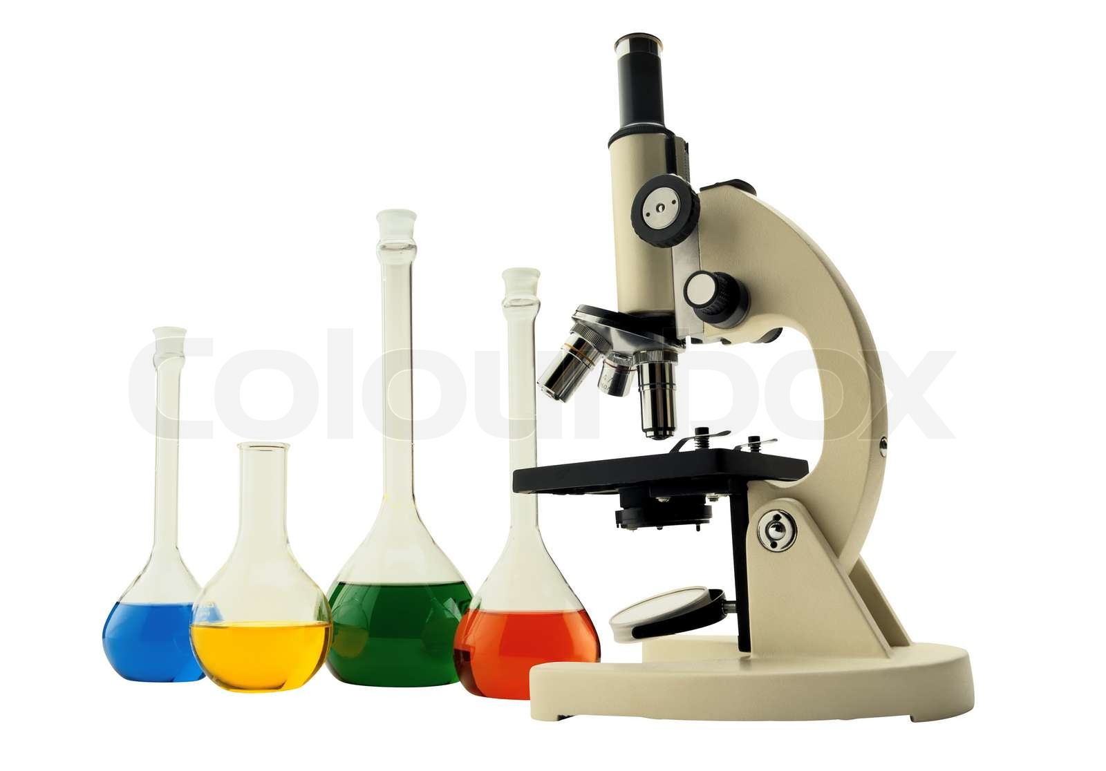 Laboratory metal microscope and test tubes with liquid isolated on ...