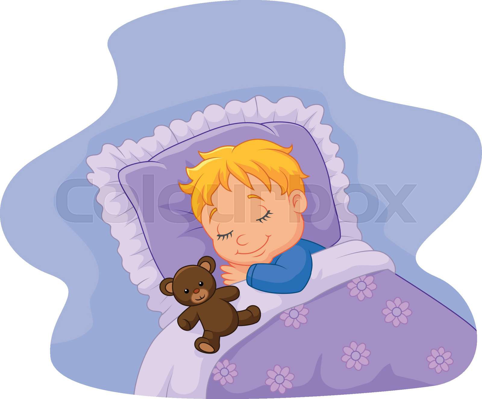 Cartoon baby sleeping with teddy bear | Stock vector | Colourbox