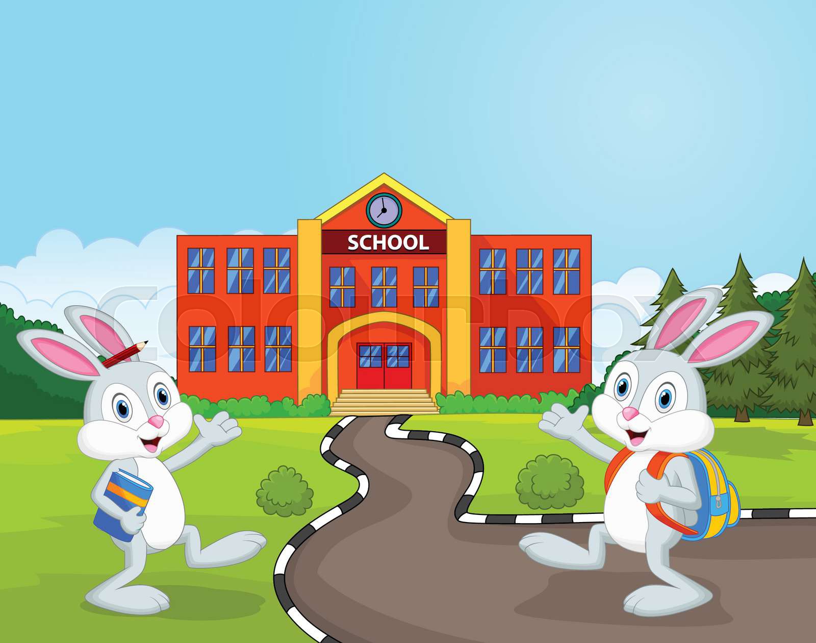 Little rabbits cartoon are going to school | Stock vector | Colourbox
