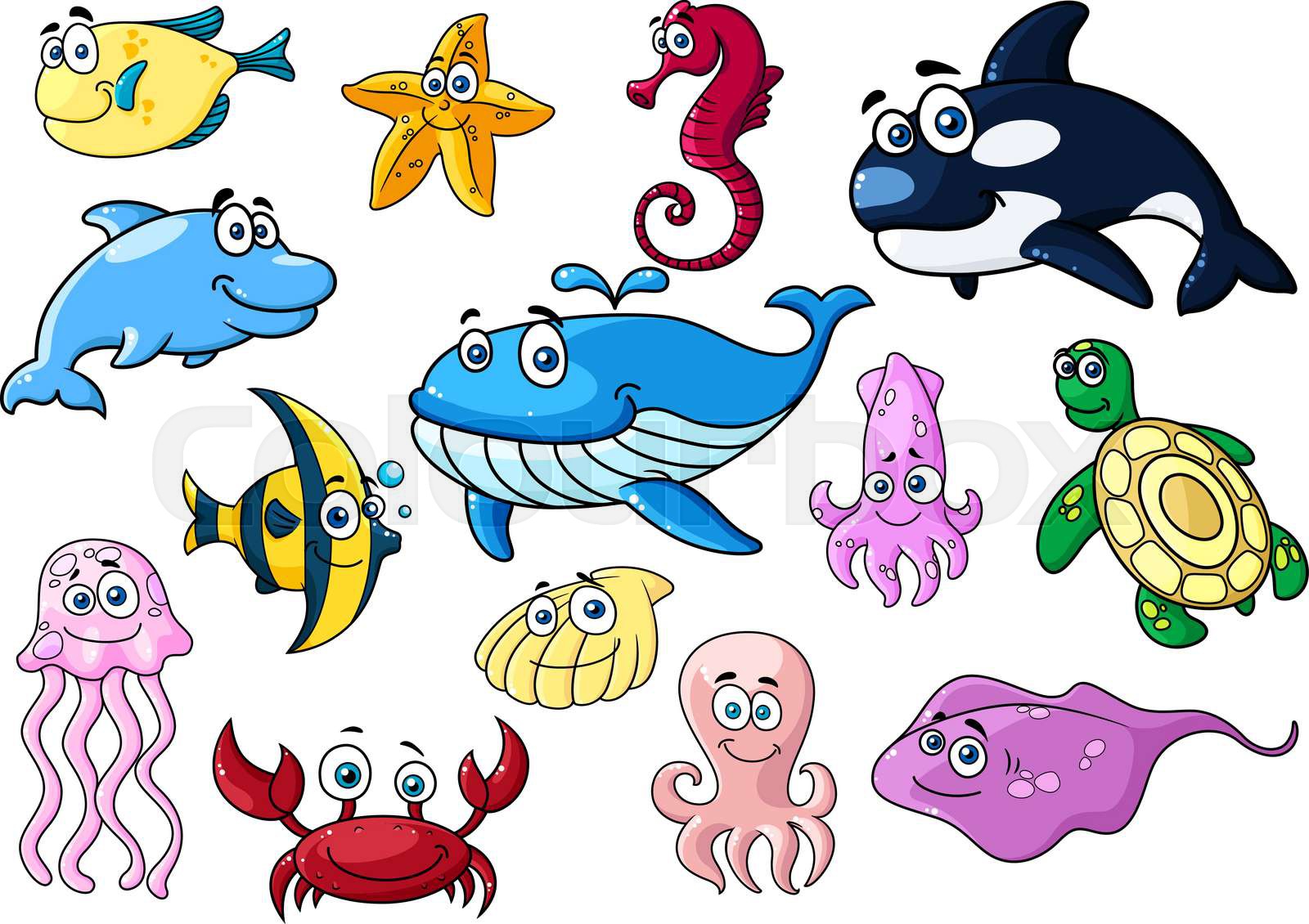 Cartoon sea animals with happy emotions | Stock vector | Colourbox