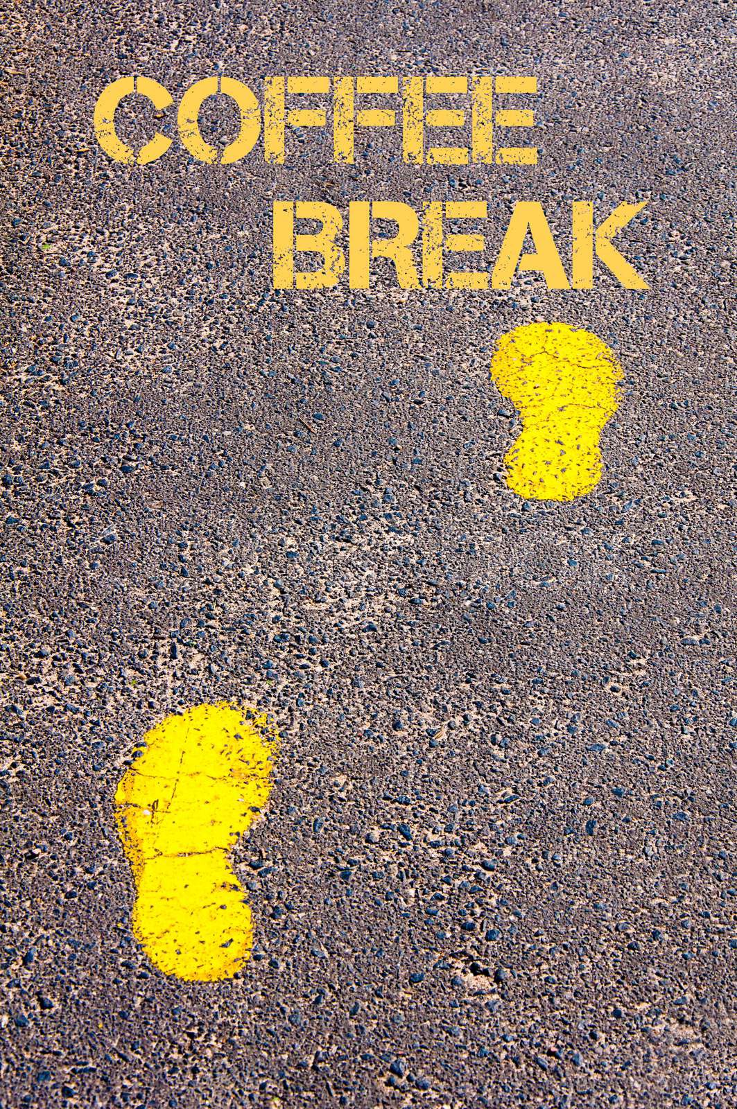 Yellow footsteps on sidewalk towards Coffee Break message | Stock image ...