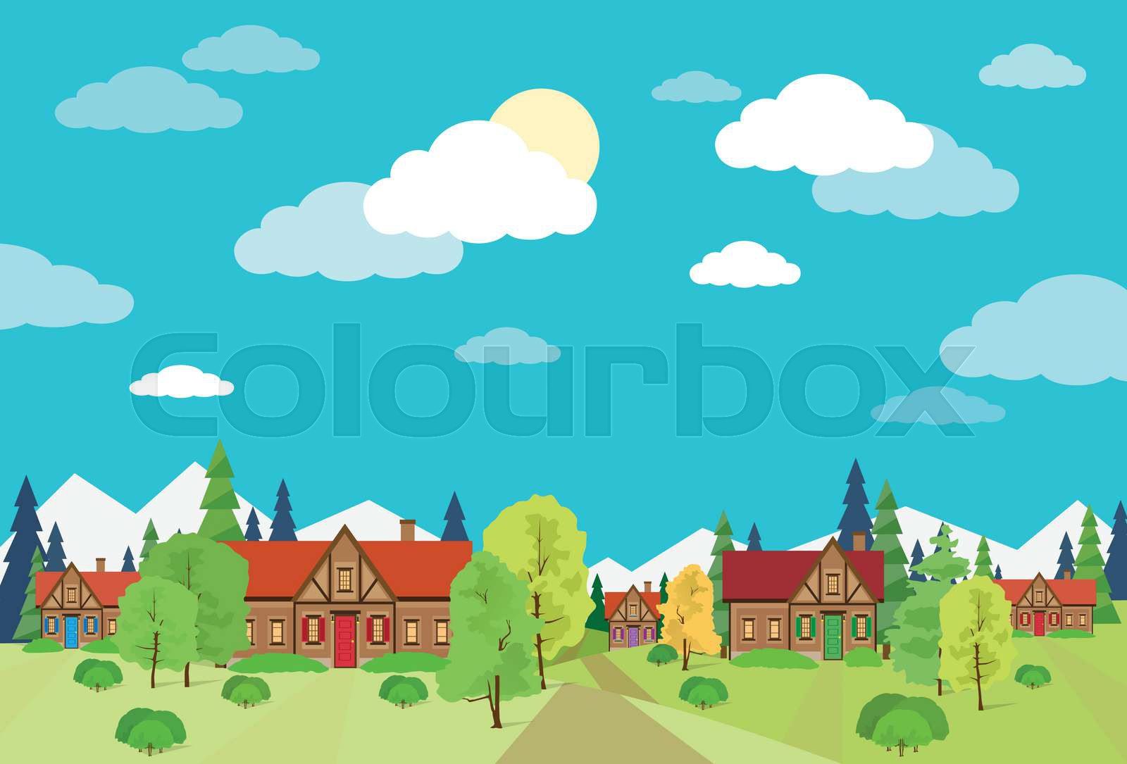 pueblo, vector, paisaje | Vector de archivo | Colourbox