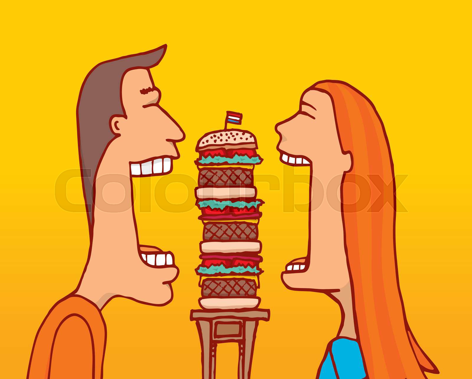 Couple sharing a huge hamburger | Stock vector | Colourbox