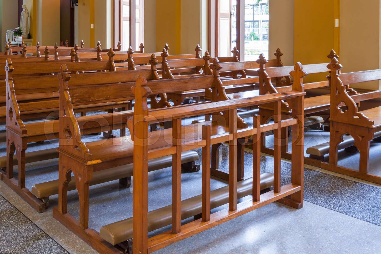 Wood Bench of Catholic church, people can pray for god jesus | Stock ...