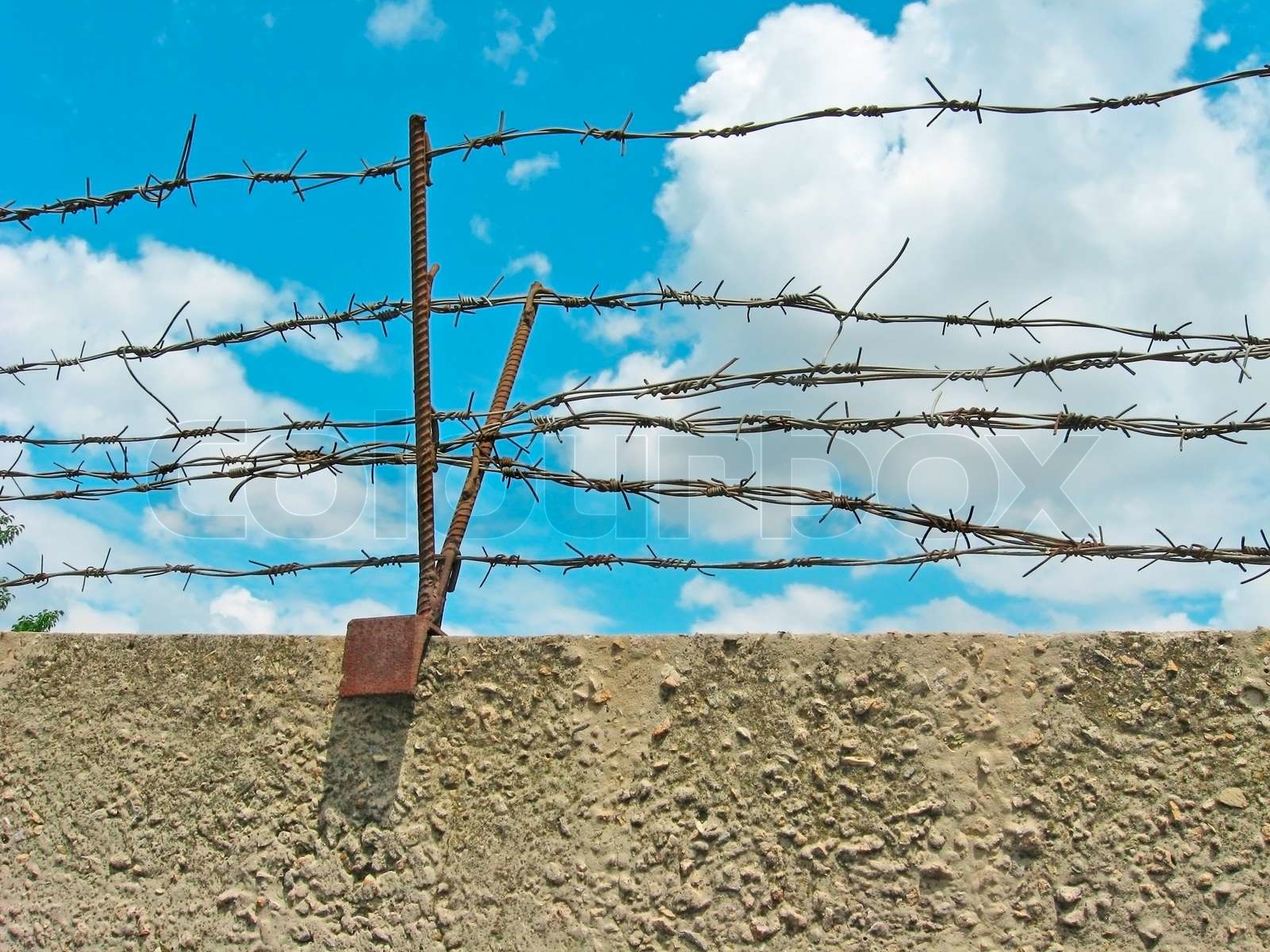 Stacheldraht. Foto von Wand und Himmel. | Stock Bild | Colourbox