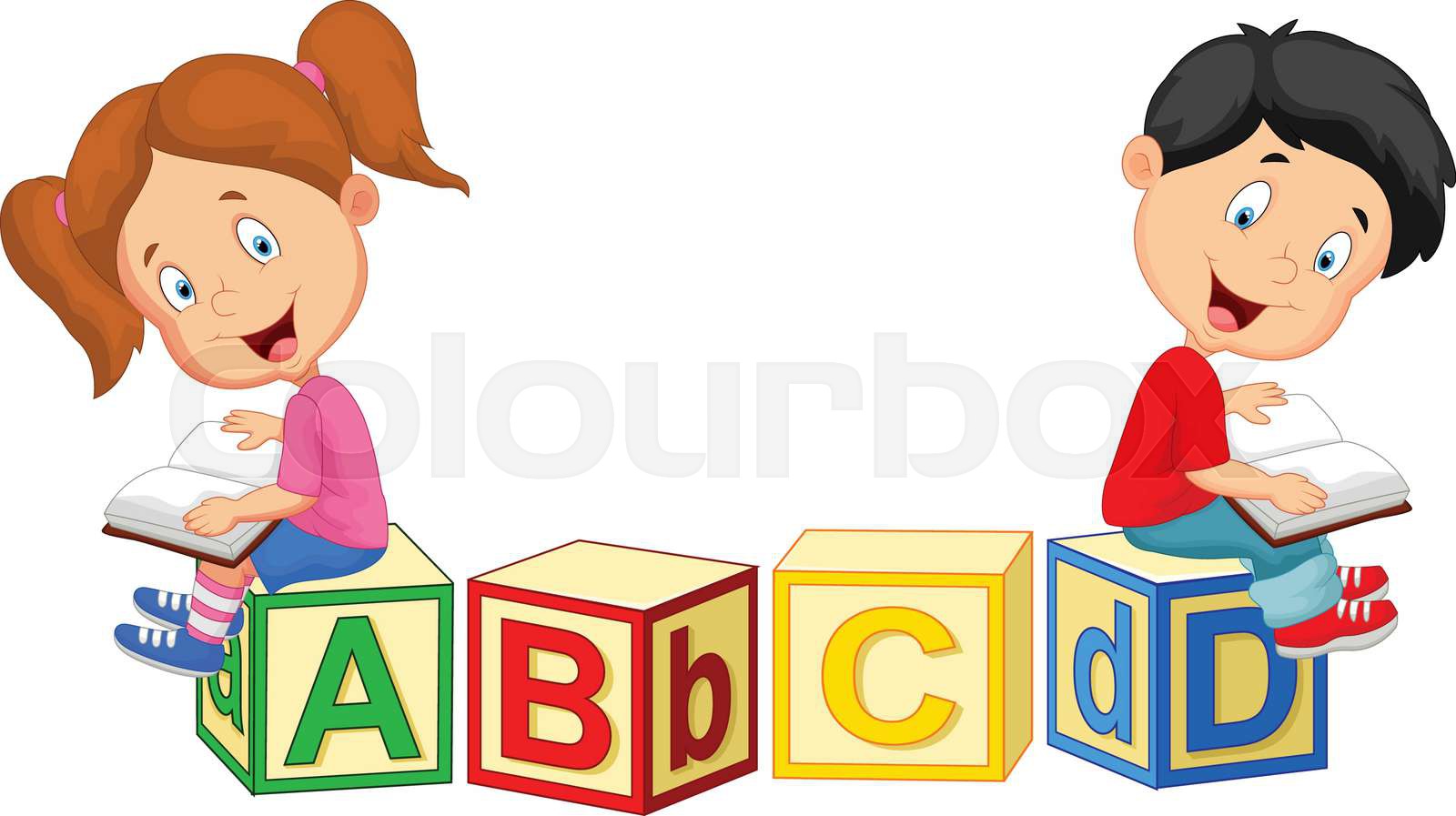 Children cartoon reading book and sitting on alphabet blocks | Stock ...