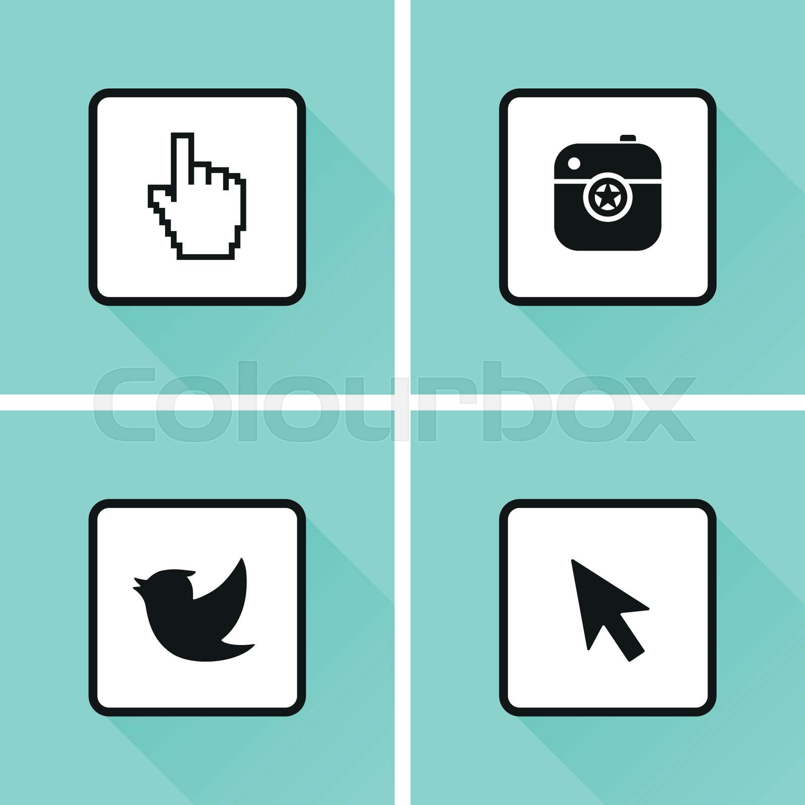 Social media icons. Set. Photo or camera, bird, cursor and pixel hand ...