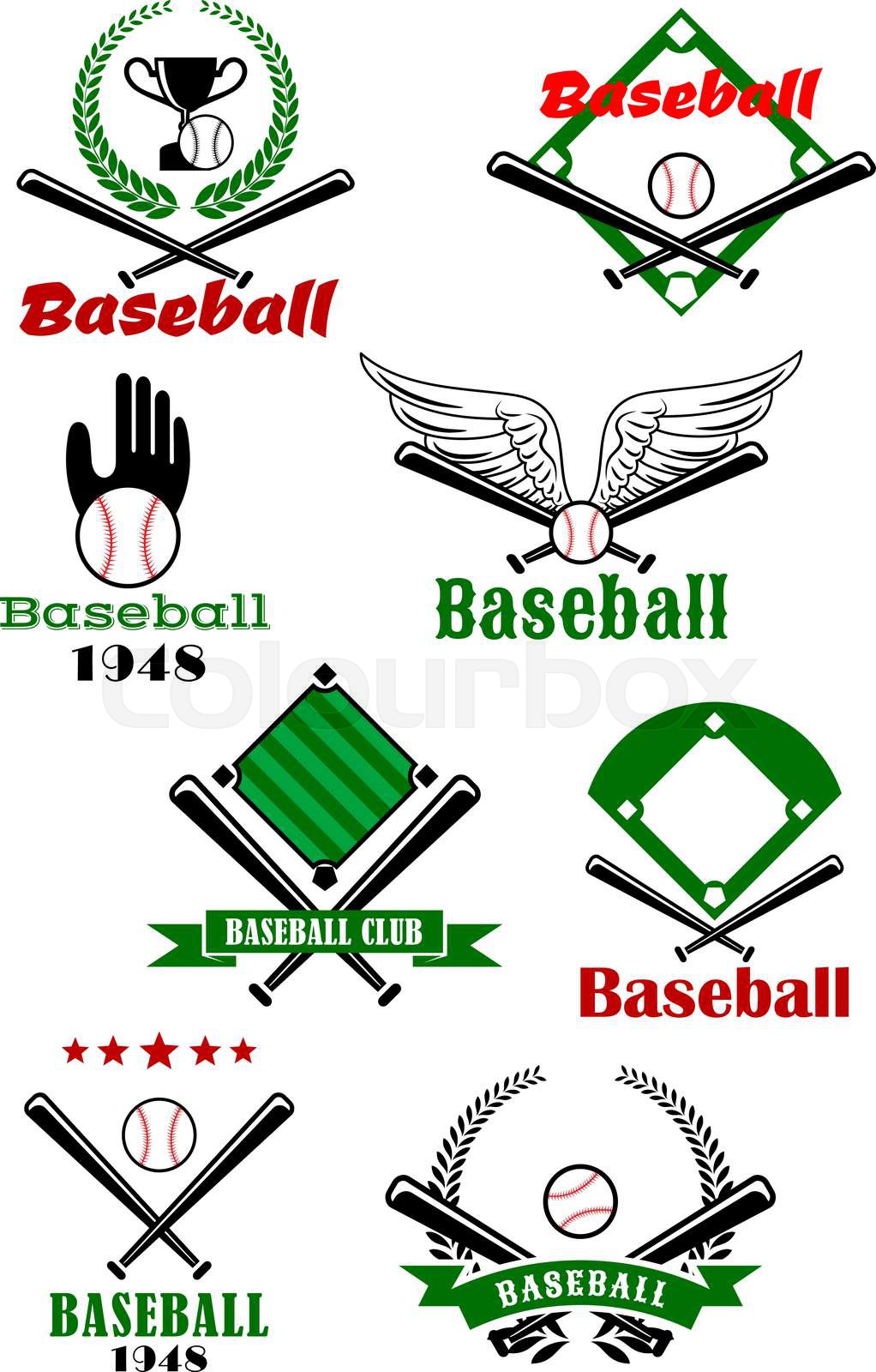 Baseball game sporting emblems and symbols | Stock vector | Colourbox