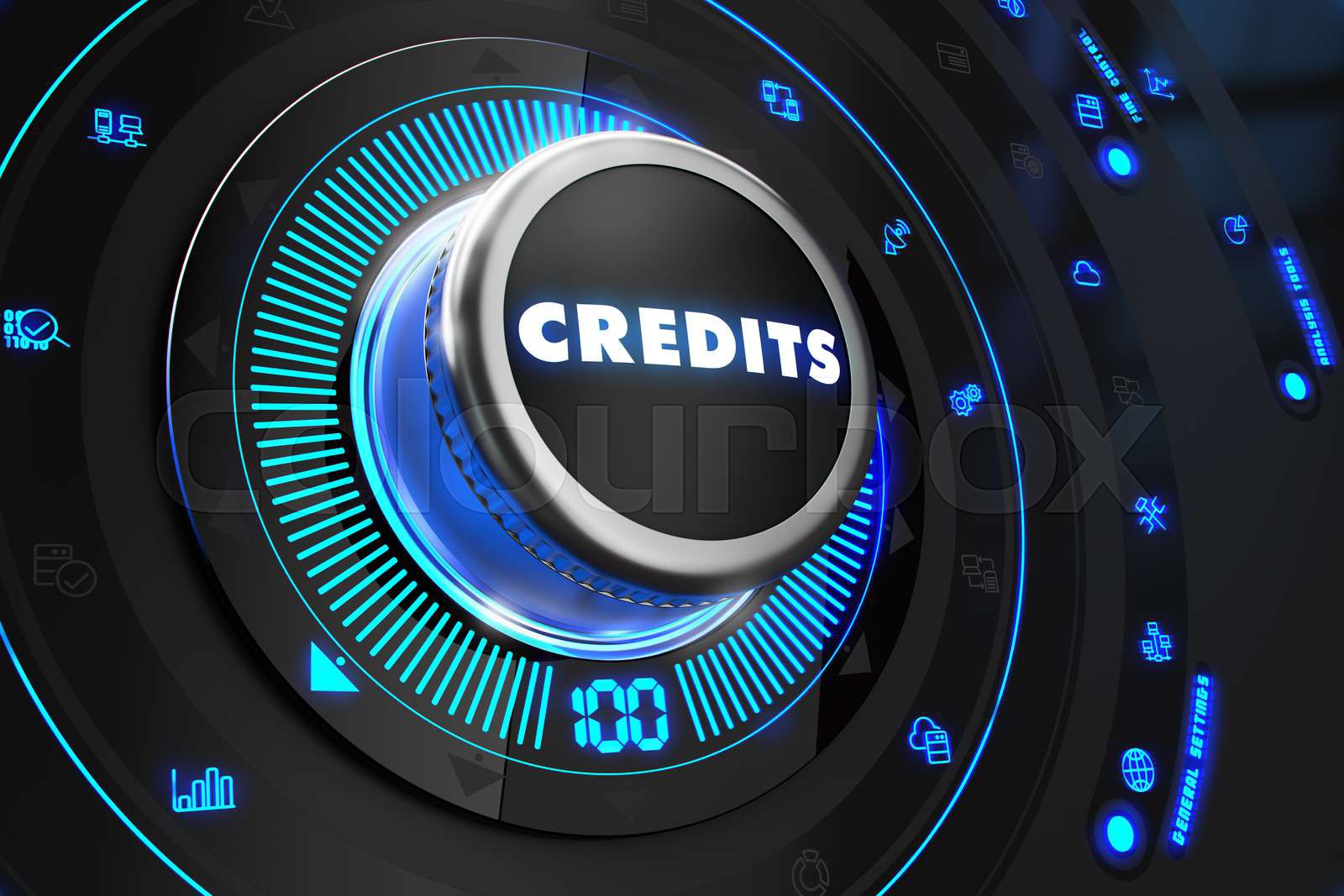 Credits Button with Glowing Blue Lights. | Stock image | Colourbox