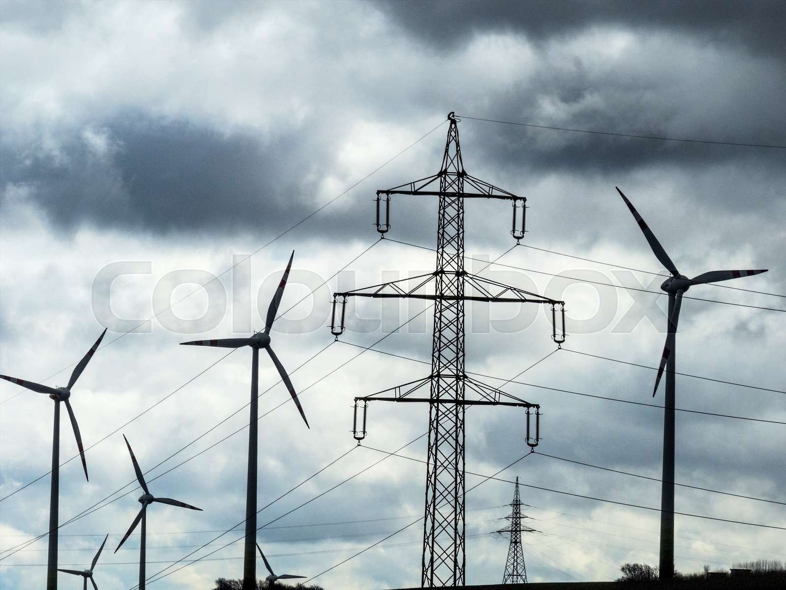 wind turbine and power poles | Stock image | Colourbox