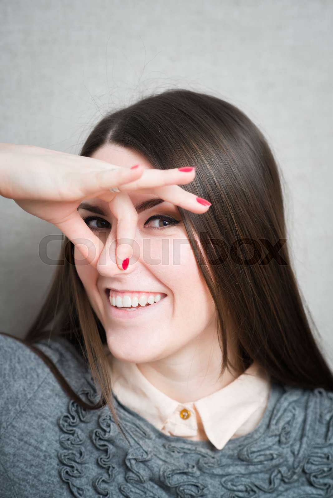 Closeup portrait middle aged woman who covers, pinches her nose with ...