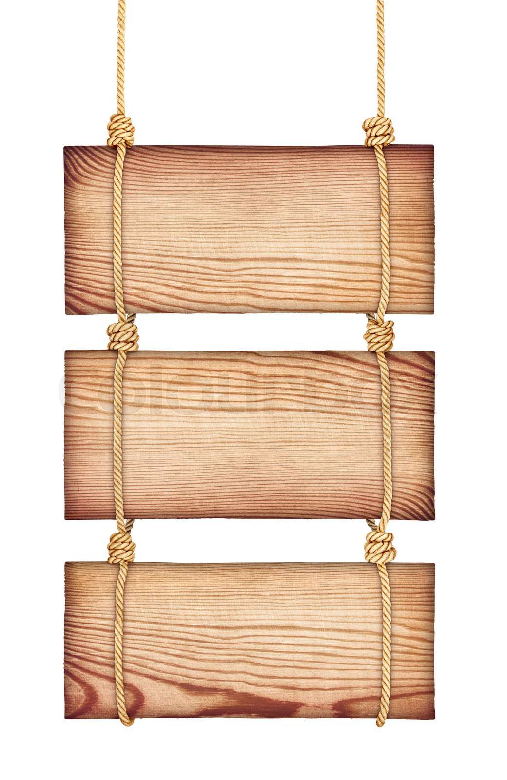 vintage wooden signs on the rope on an isolated white background ...