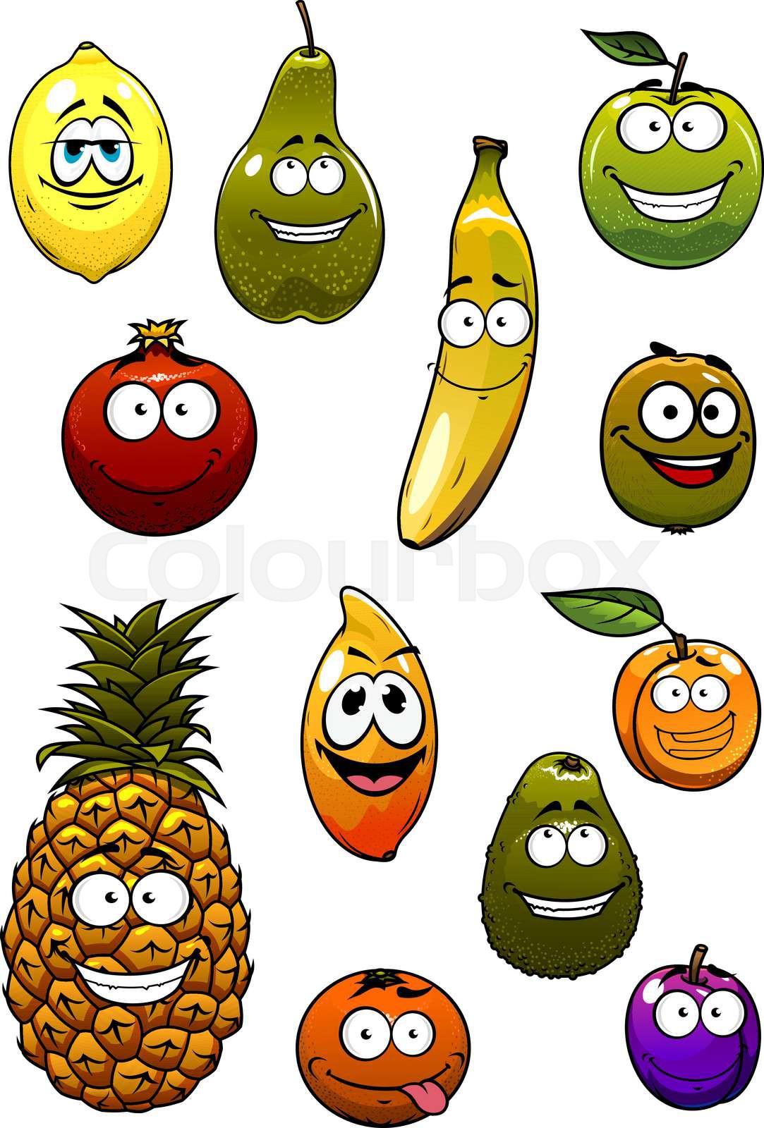 Tropical and garden fruits cartoon characters | Stock vector | Colourbox