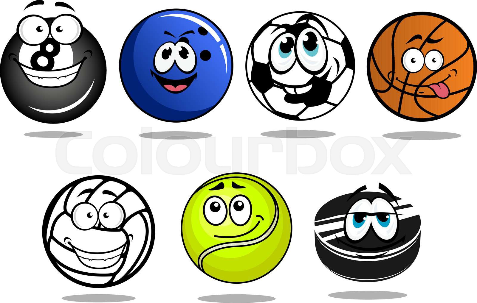 Balls and puck mascots cartoon characters | Stock vector | Colourbox