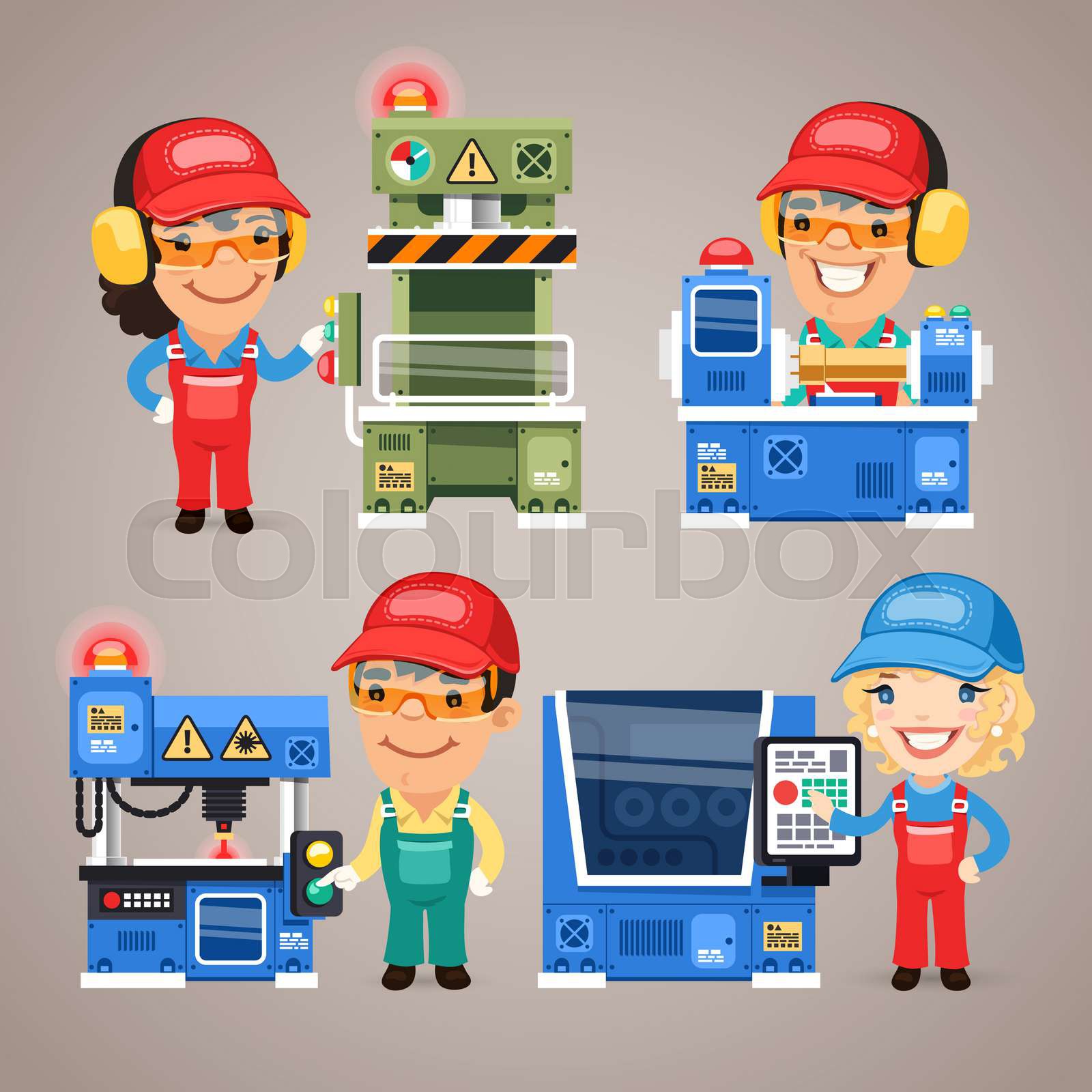 Set of Cartoon Workers Working on the Factory Machines | Stock vector ...