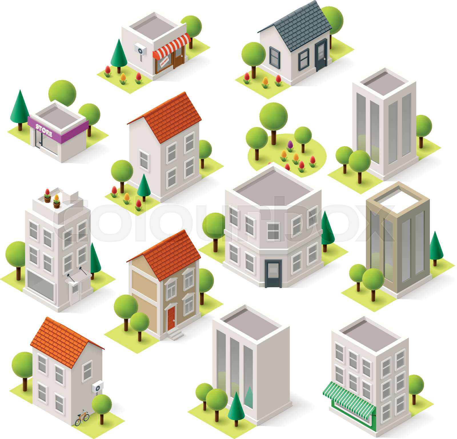 Vector isometric city buildings set | Stock vector | Colourbox