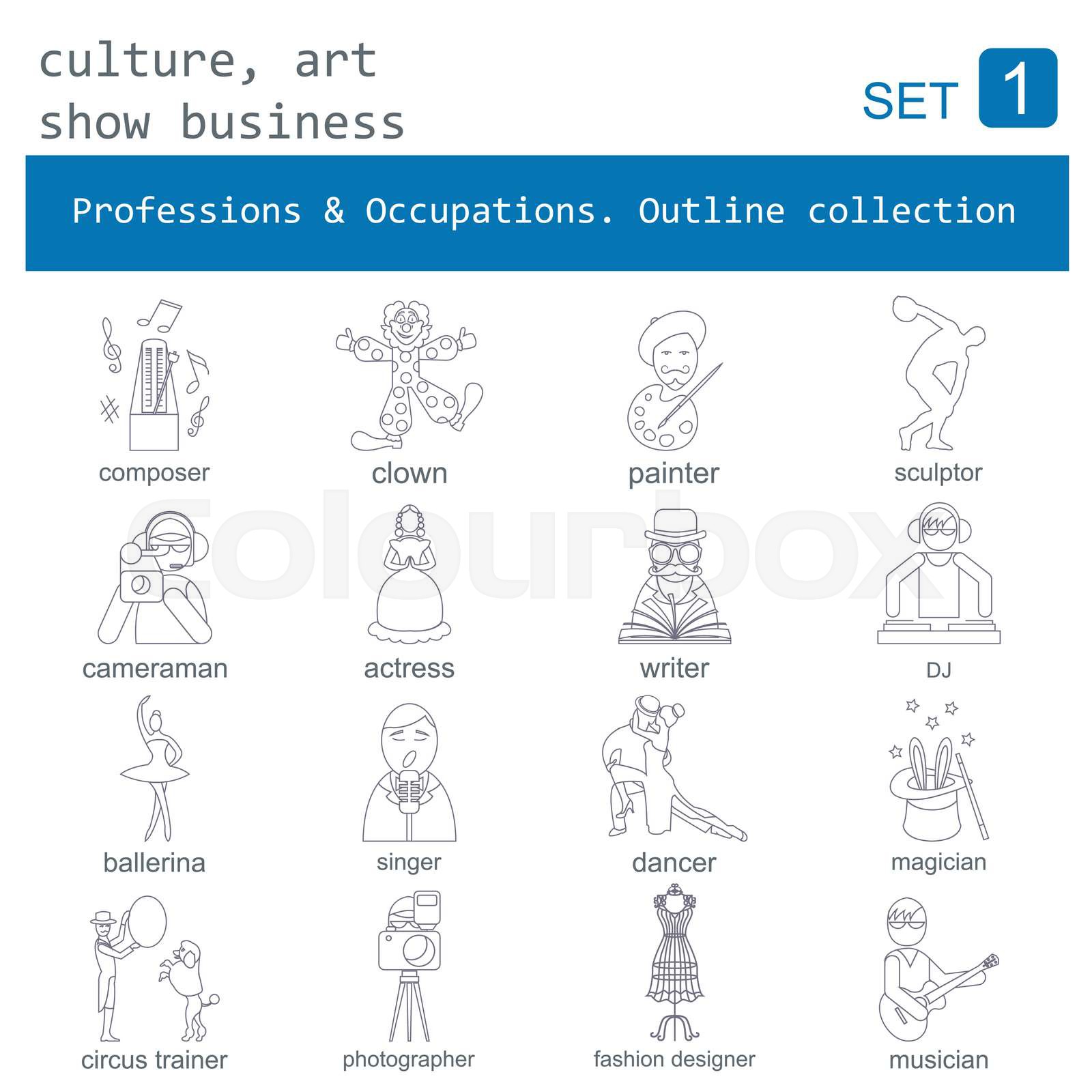 Professions and occupations outline icon set. Culture, art, show ...