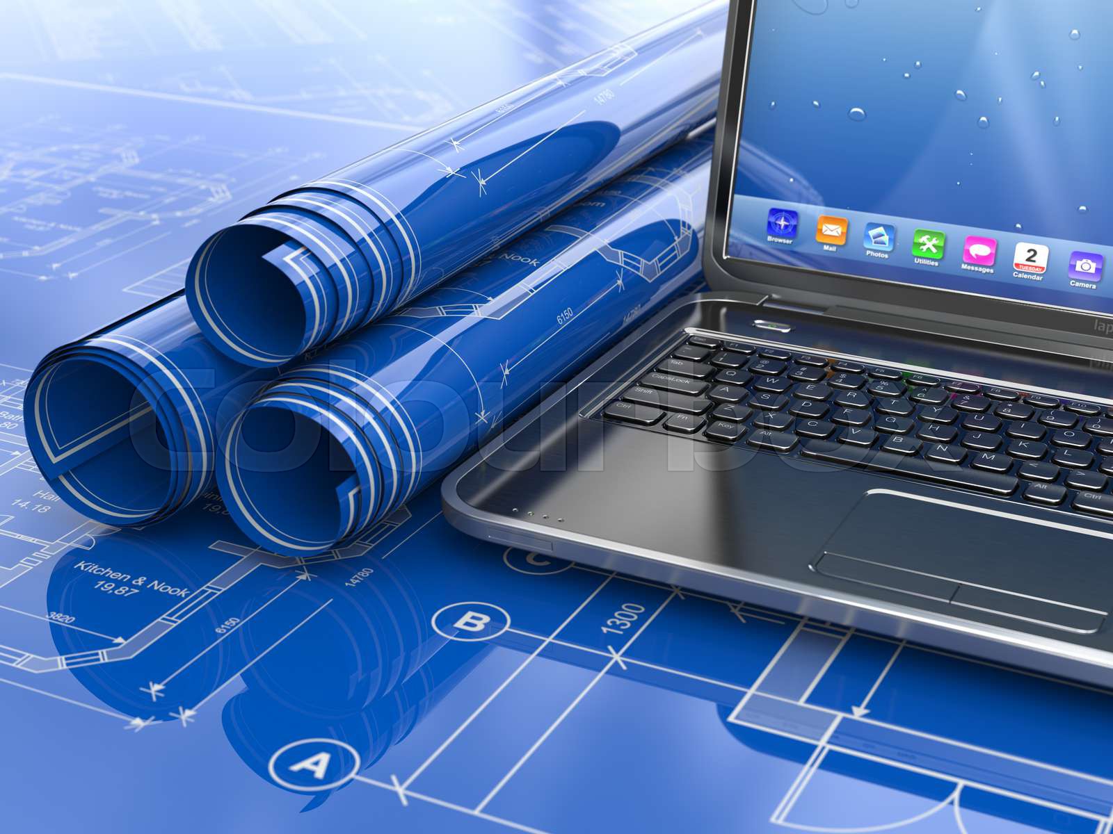 Laptop and blueprint with house project. | Stock image | Colourbox