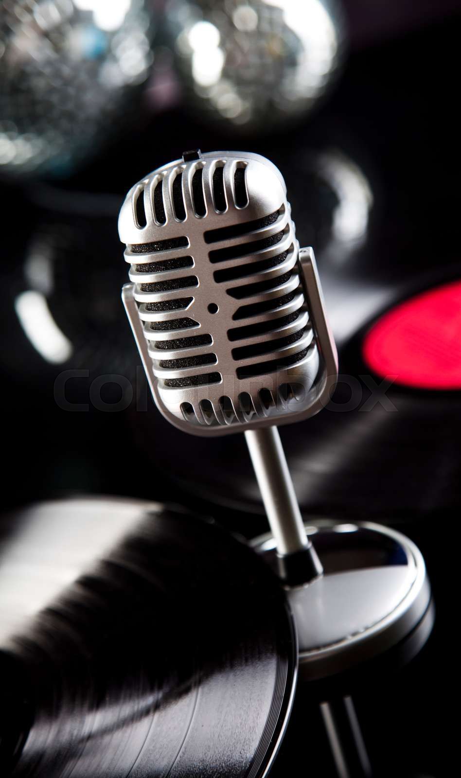 Microphone with disco balls, music saturated concept | Stock image ...