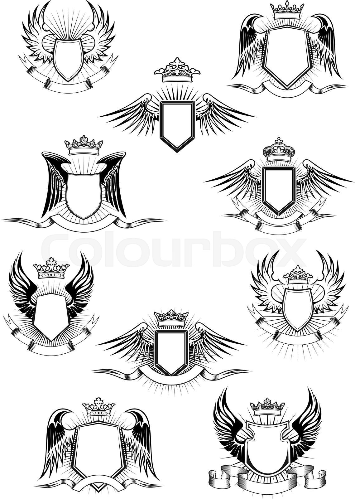 Heraldic winged shields with crowns and ribbon banners | Stock vector ...