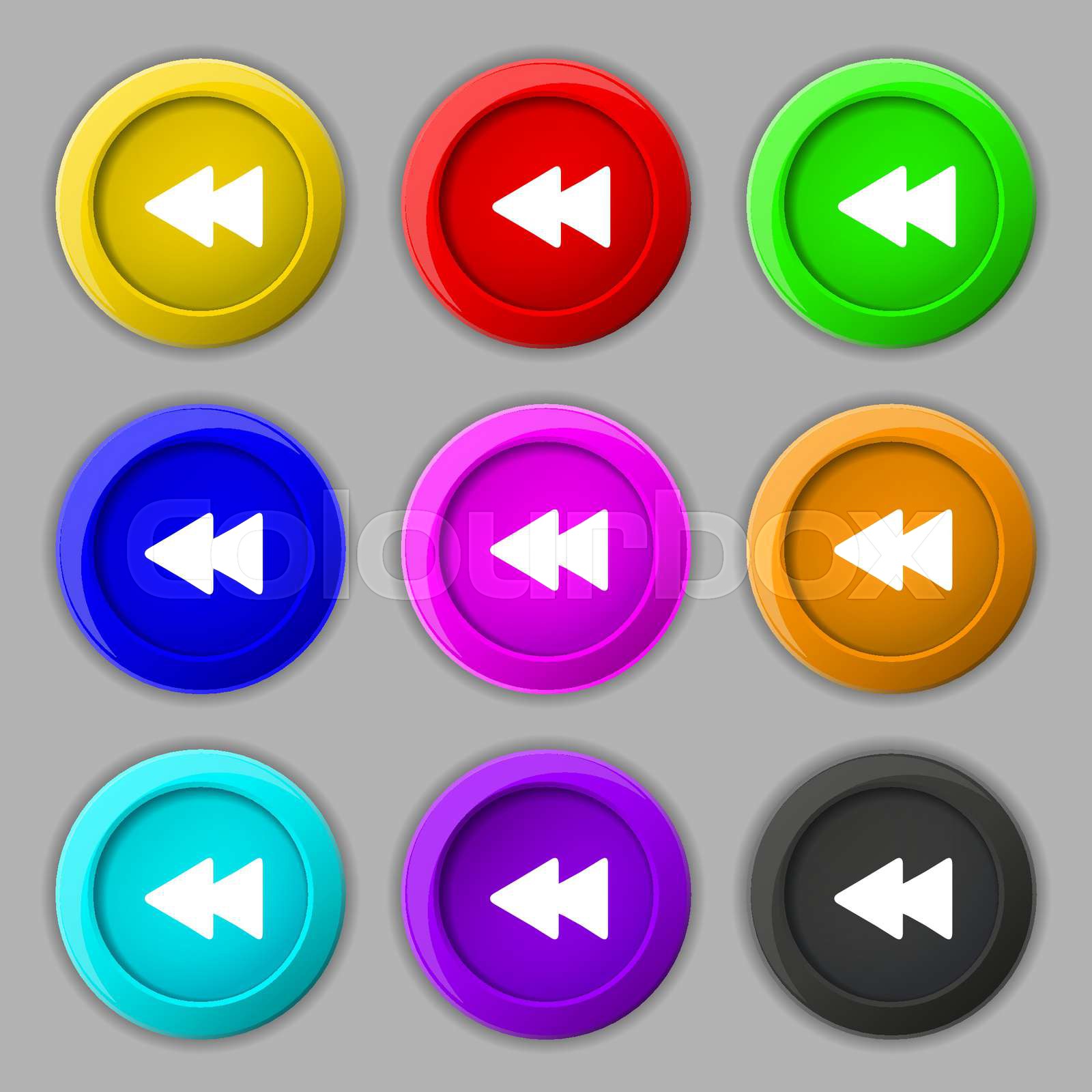 rewind icon sign. symbol on nine round colourful buttons. Vector | Stock vector | Colourbox