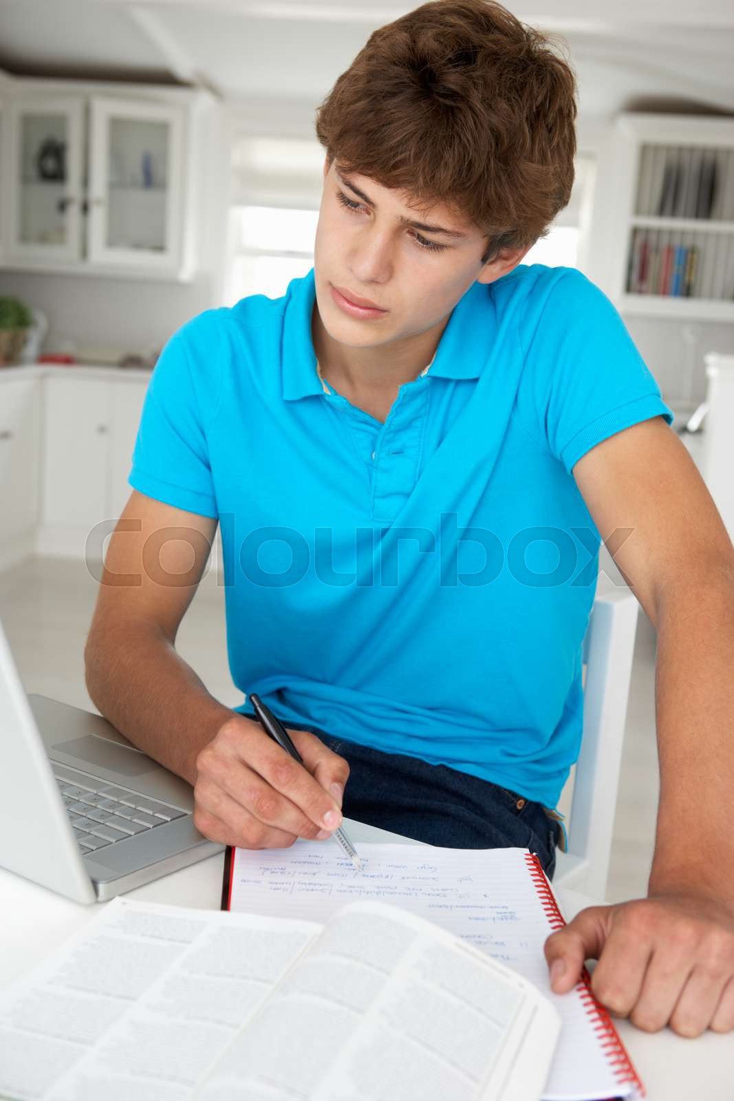 Teenage boy doing homework with laptop | Stock image | Colourbox