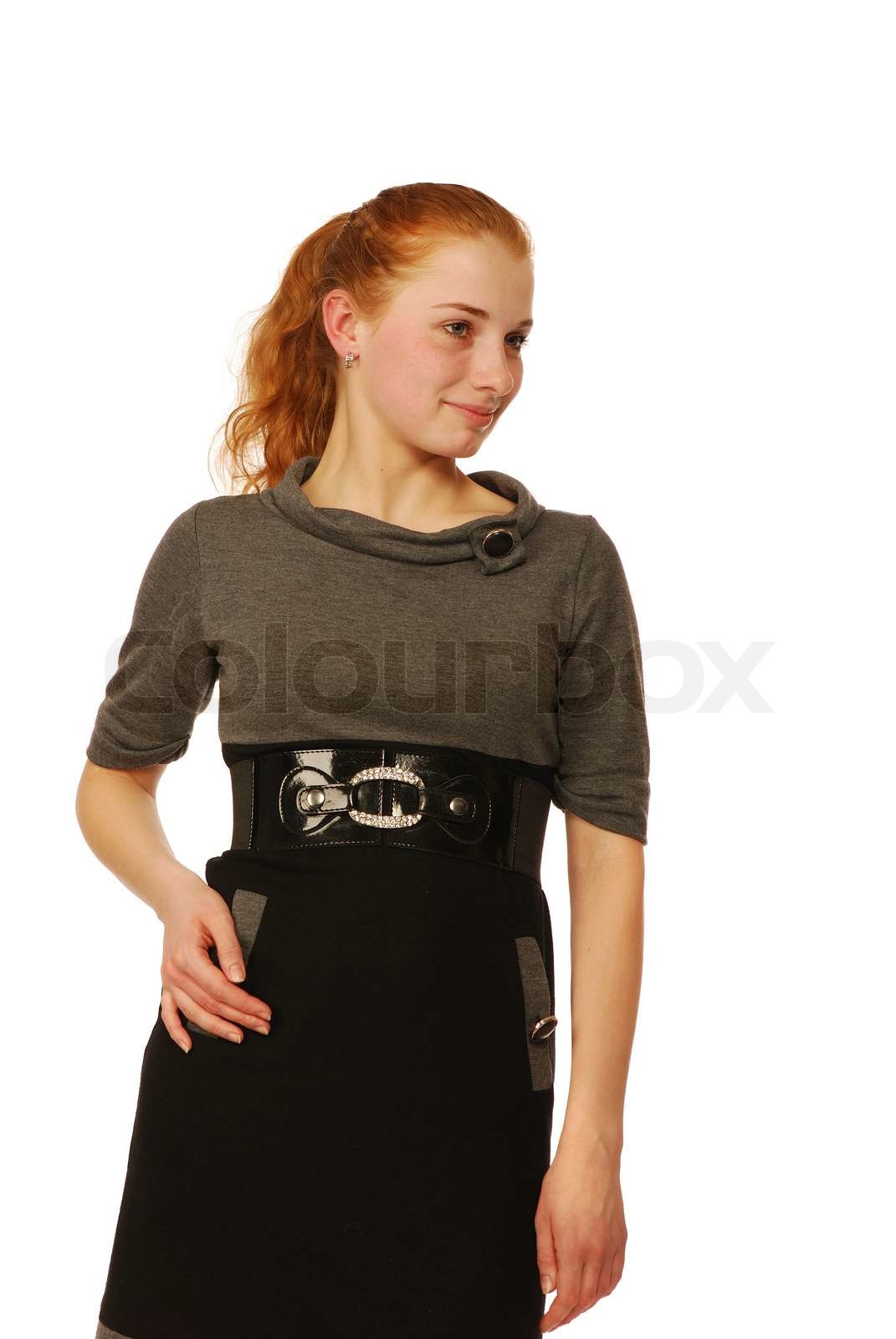 The young woman in strict grey clothes and a smile. | Stock image ...