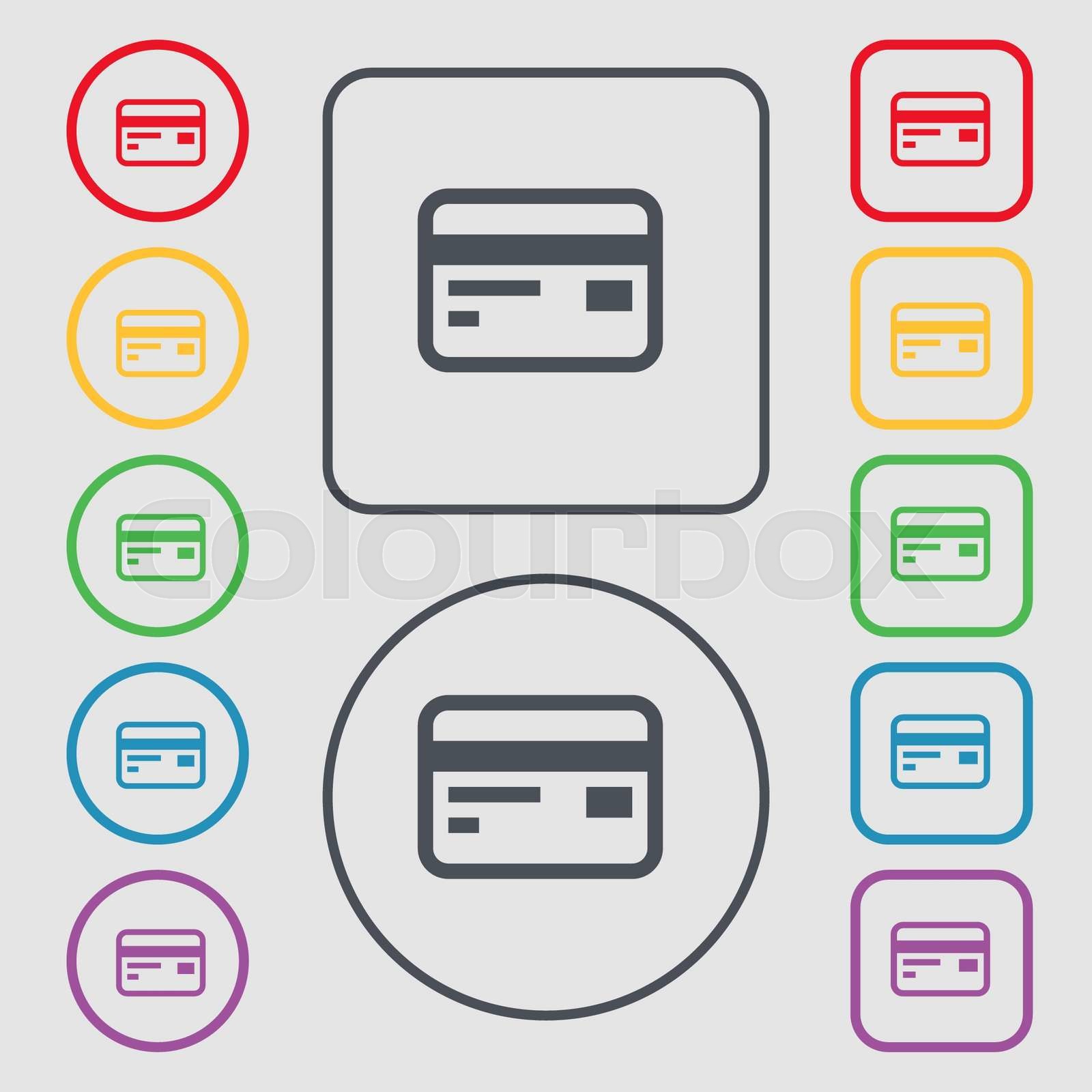Credit, debit card icon sign. symbol on the Round and square buttons ...
