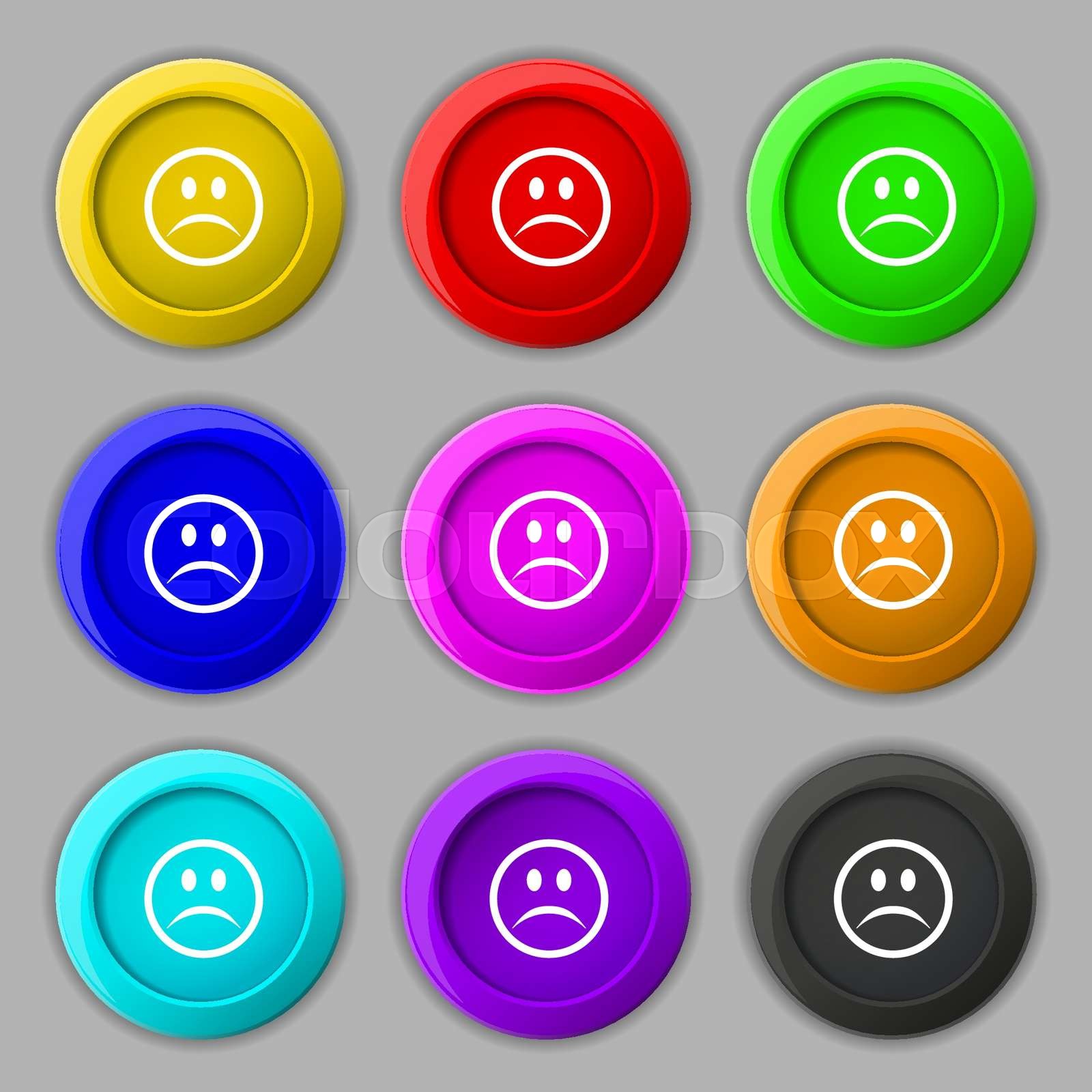 Sad face, Sadness depression icon sign. symbol on nine round colourful ...