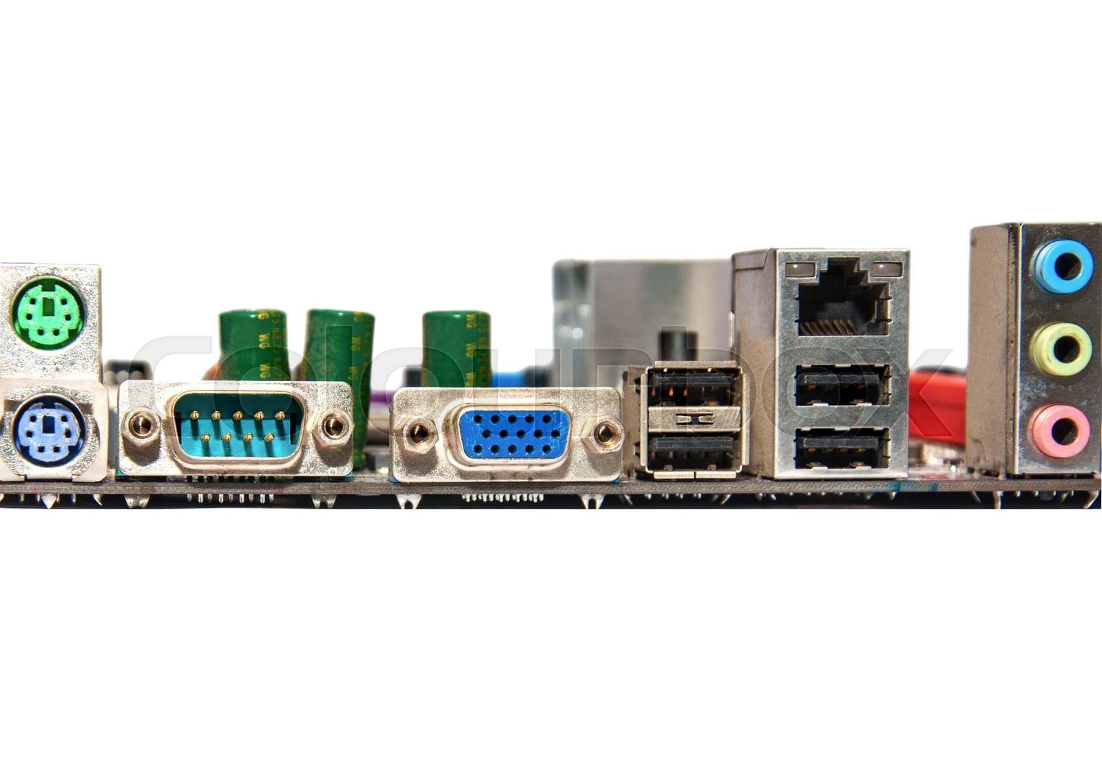 back panel connectors of the modern computer motherboard | Stock image ...