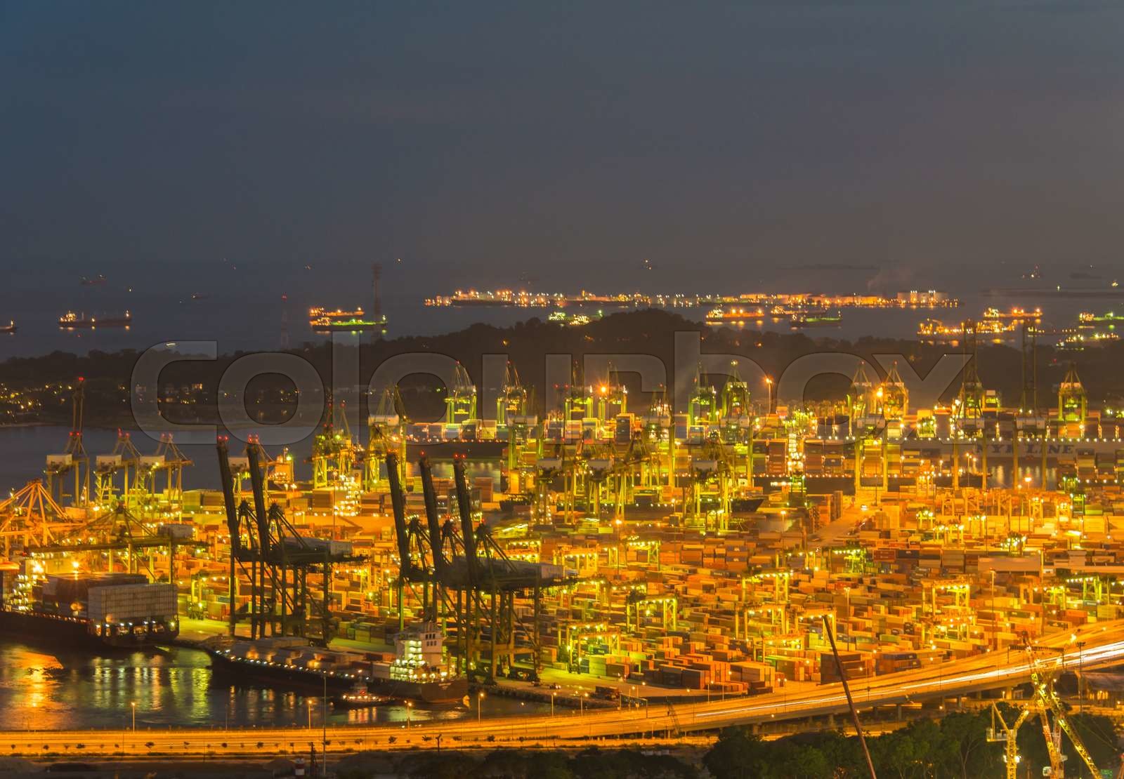 Singapore container port during evening hours | Stock image | Colourbox