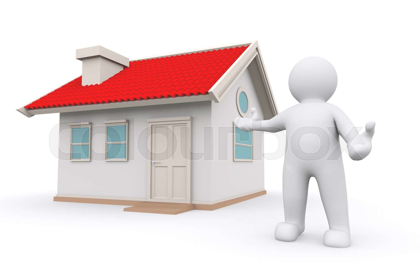 White man standing present house with clipping path. | Stock image ...