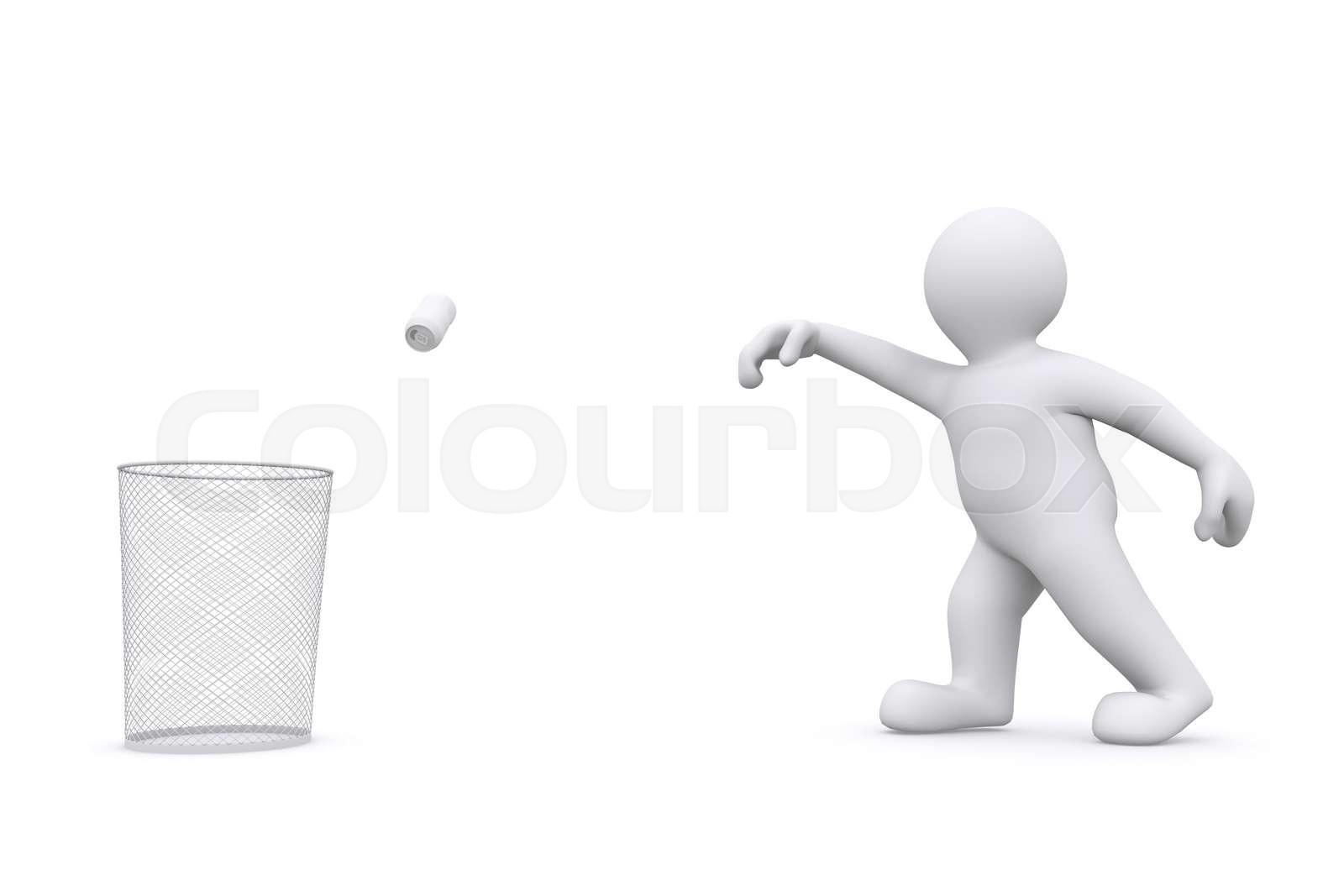 3d white man throwing can in garbage. | Stock image | Colourbox
