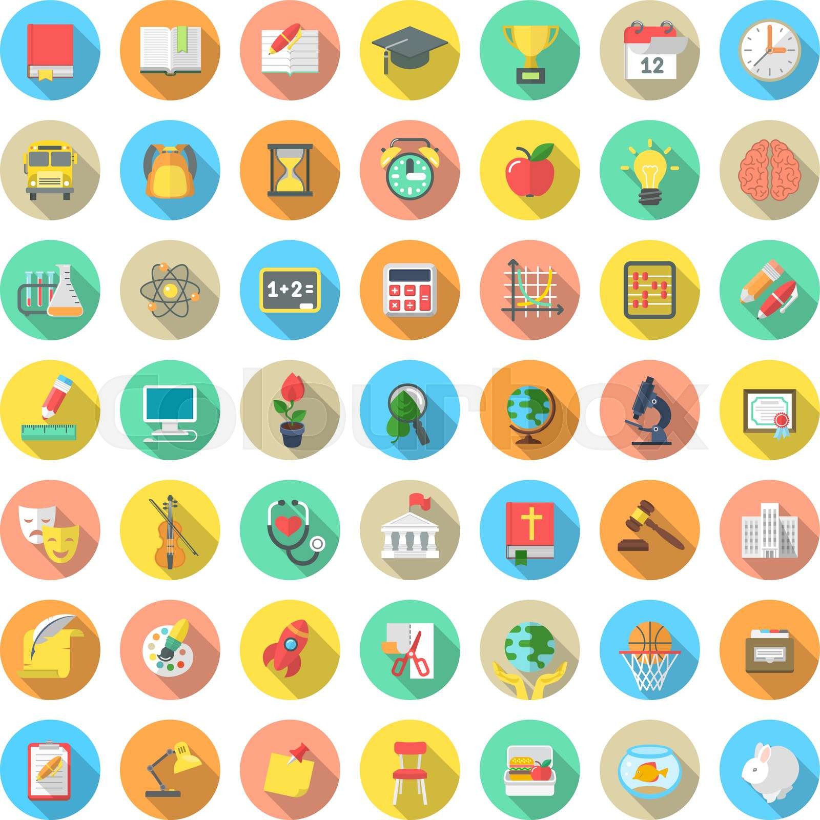 Flat Round School Subjects Icons with Long Shadows | Stock vector ...