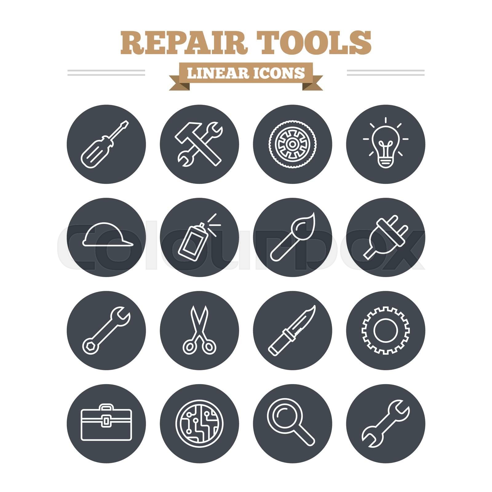 Repair tools linear icons set. Thin outline signs. Vector | Stock ...