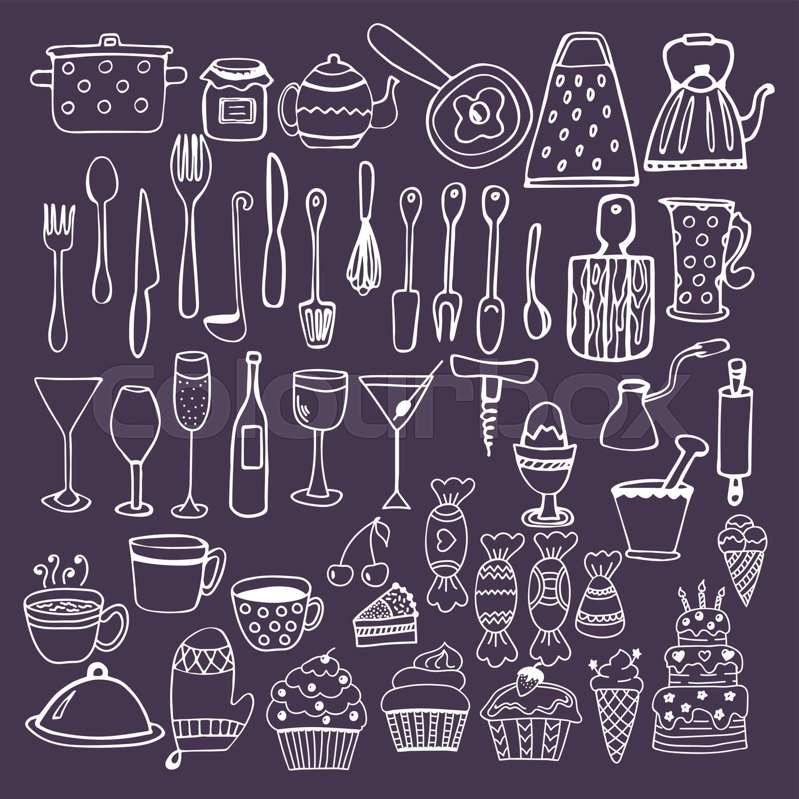 Set of hand drawn kitchen equipments. Kitchen utensils collection ...