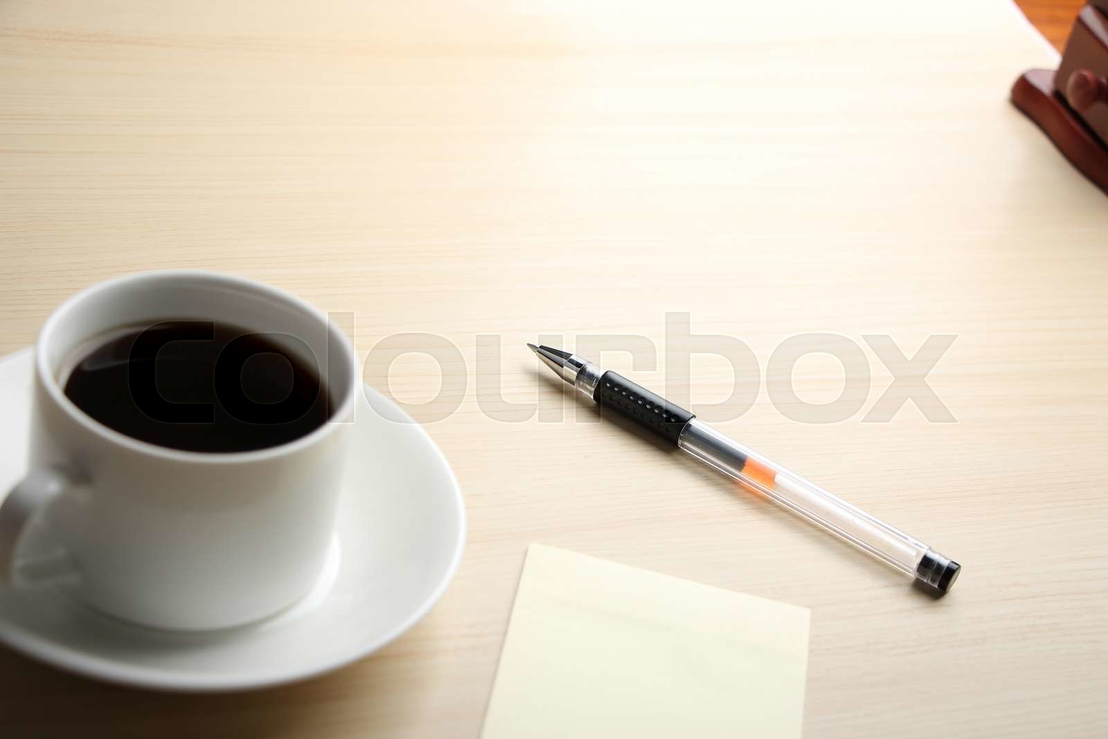 Blank note with ball pen and coffee | Stock image | Colourbox