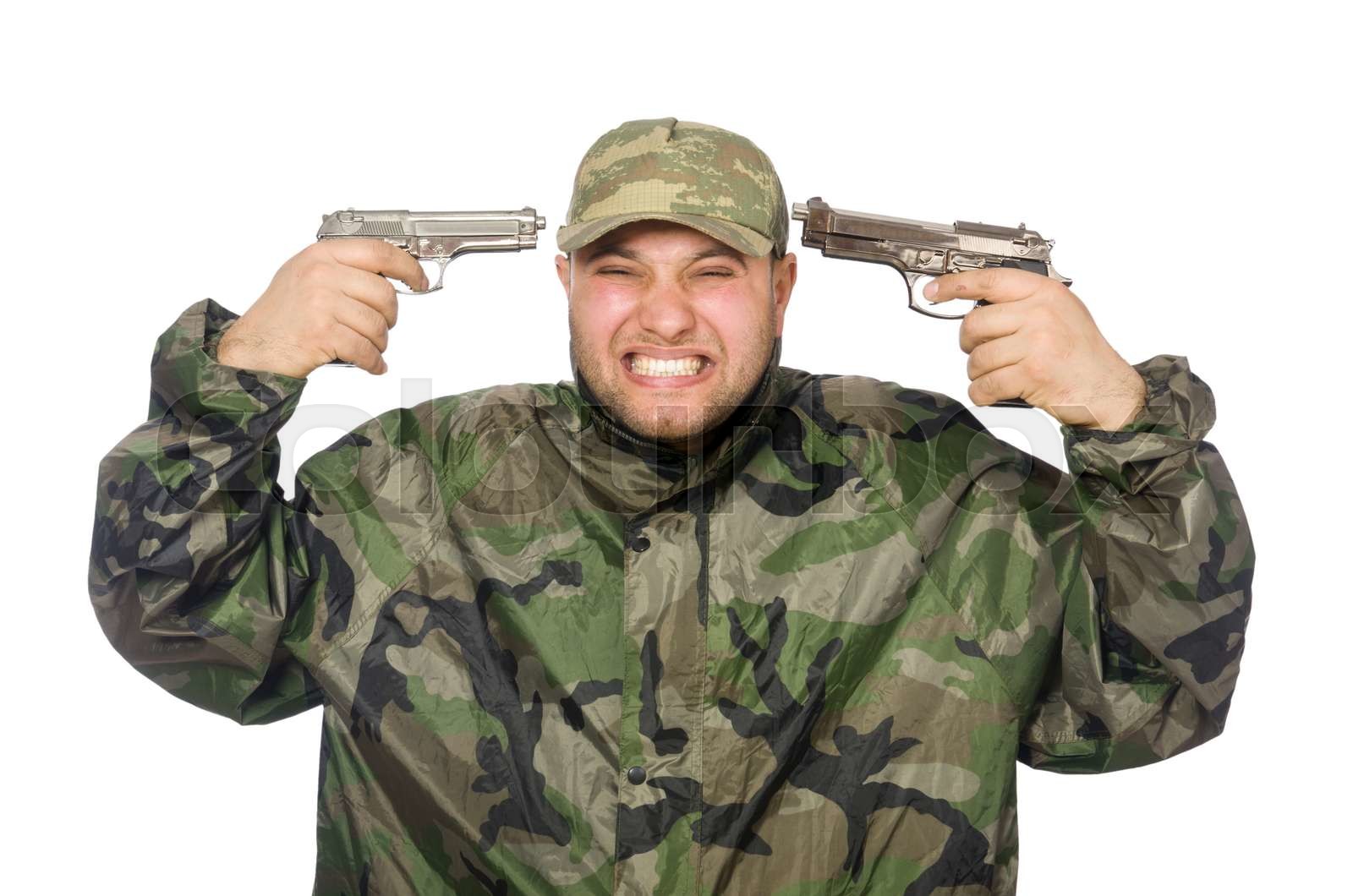 Young man in soldier uniform holding gun isolated on white | Stock ...