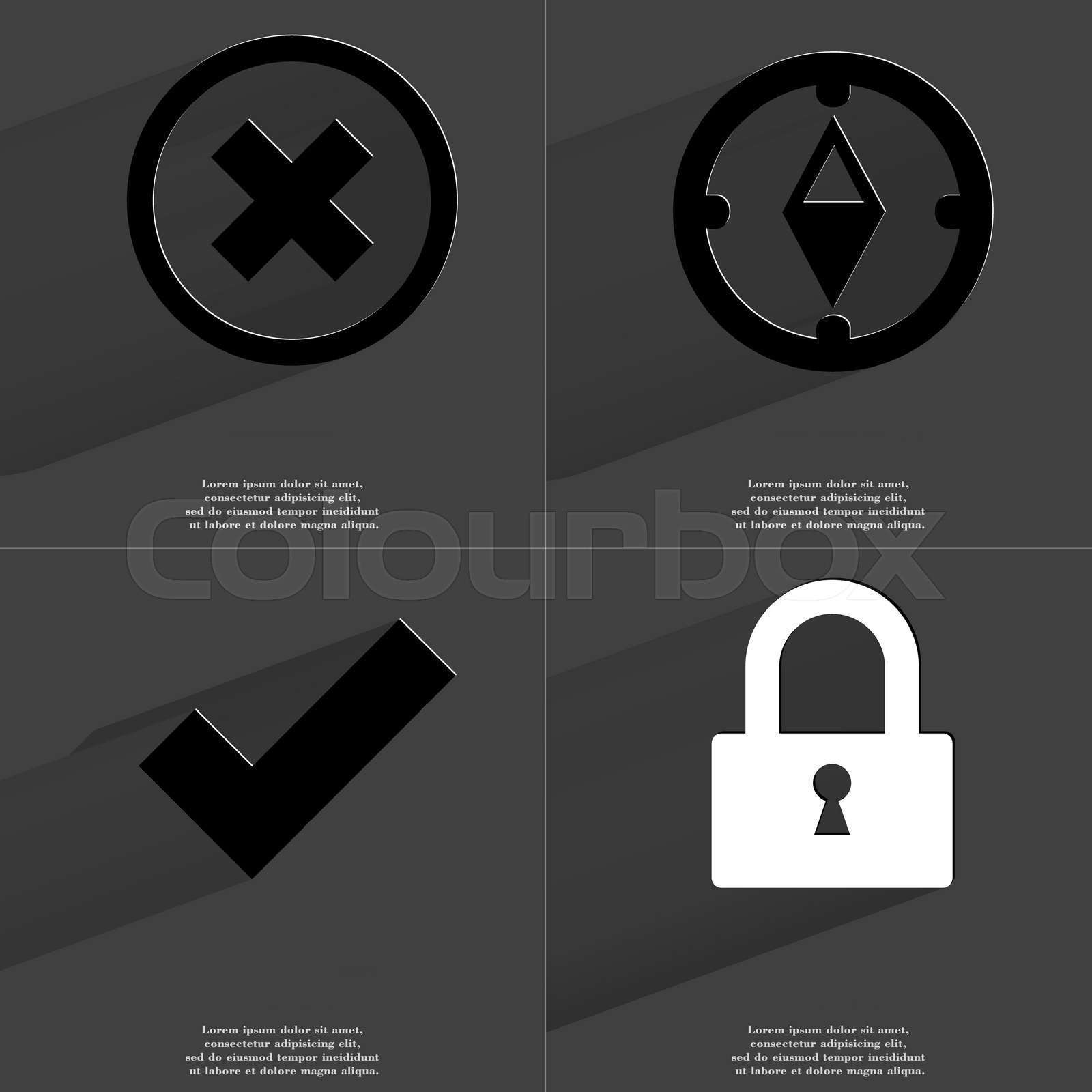 Stop, Compass, Tick sign, Lock. Symbols with long shadow. Flat design ...