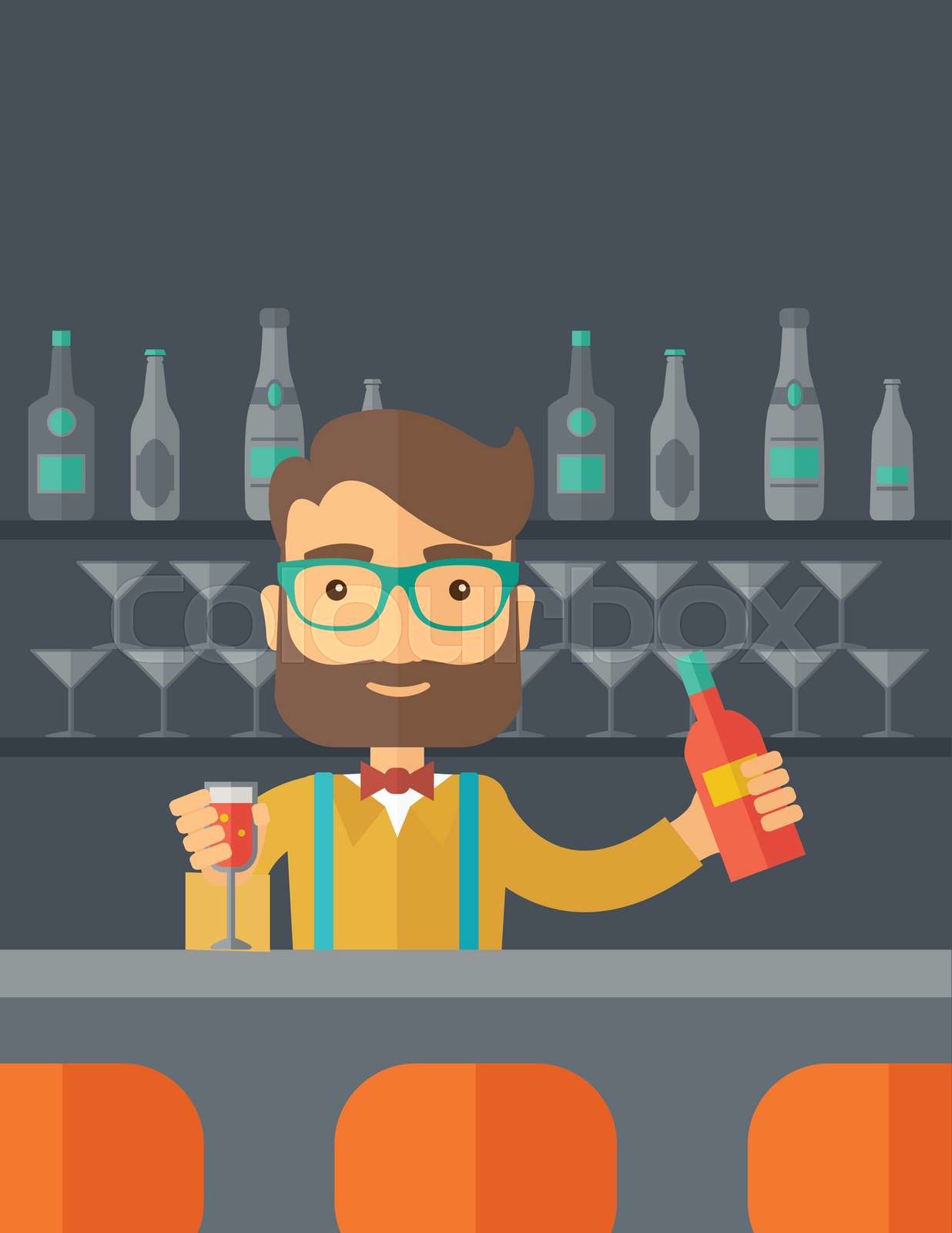 Bartender at the bar holding a drinks. | Stock vector | Colourbox