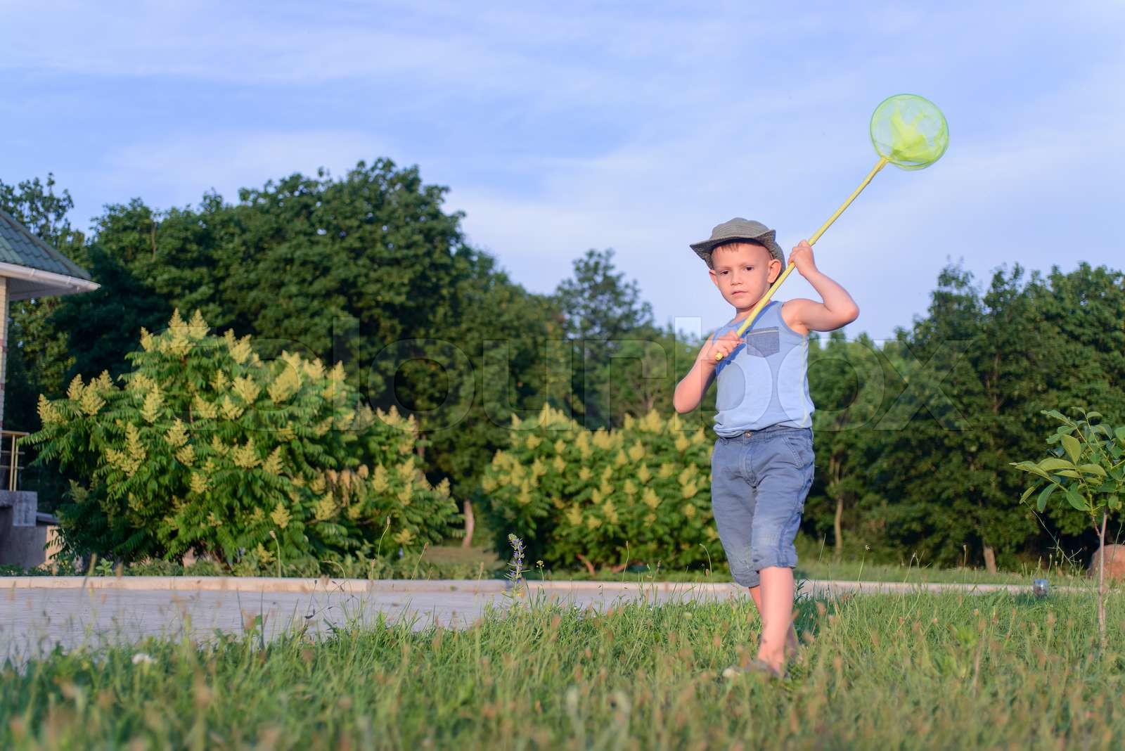Cute funny little boy running to catch butterflies | Stock image ...