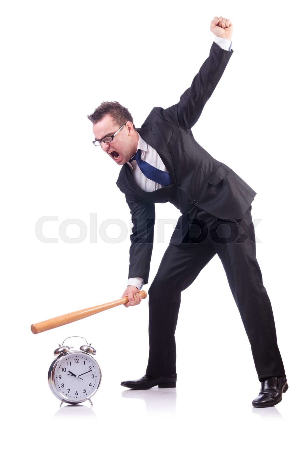 Man hitting the clock with baseball bat isolated on the white | Stock ...